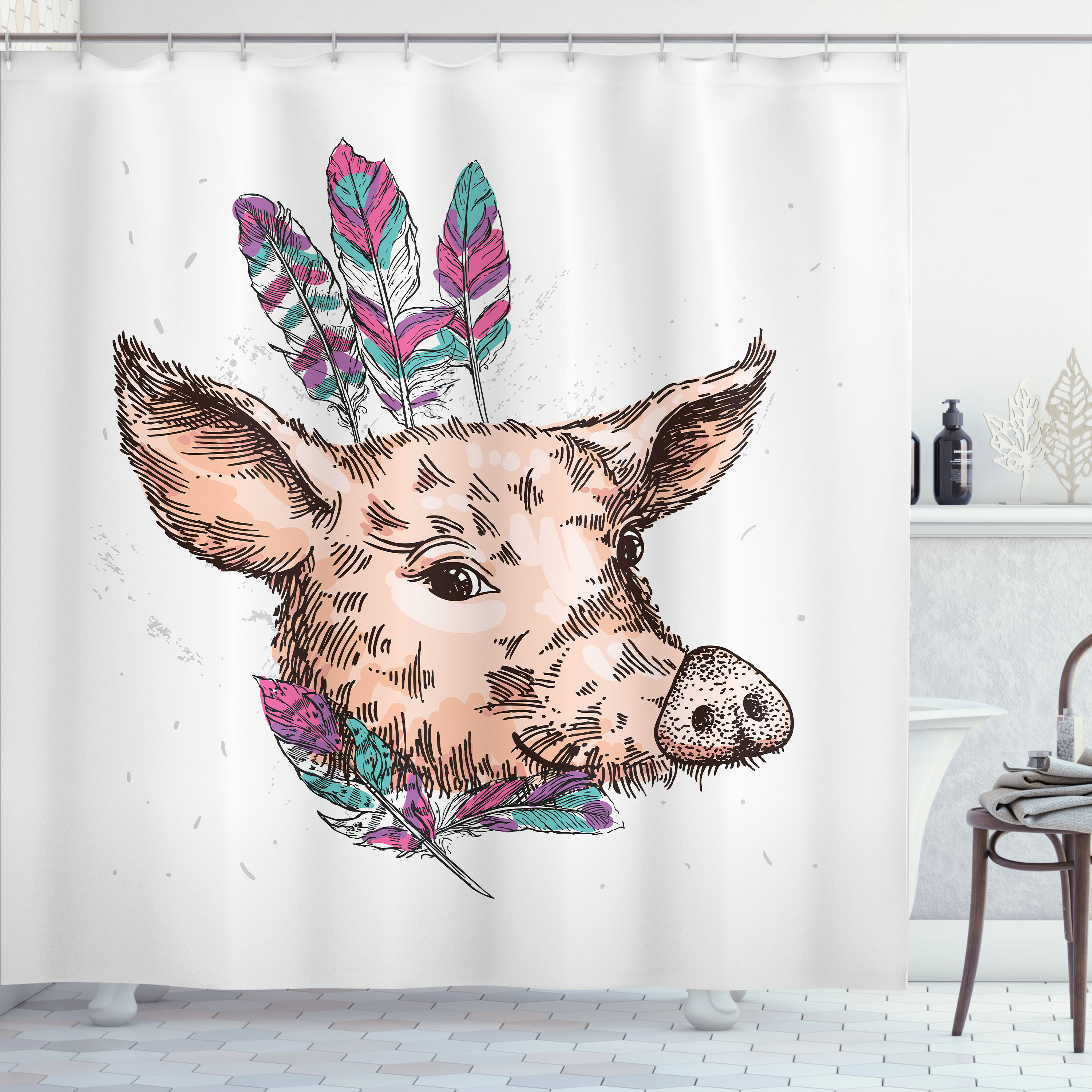 East Urban Home Farm Animal Shower Curtain Pig Portrait Feathers | Wayfair