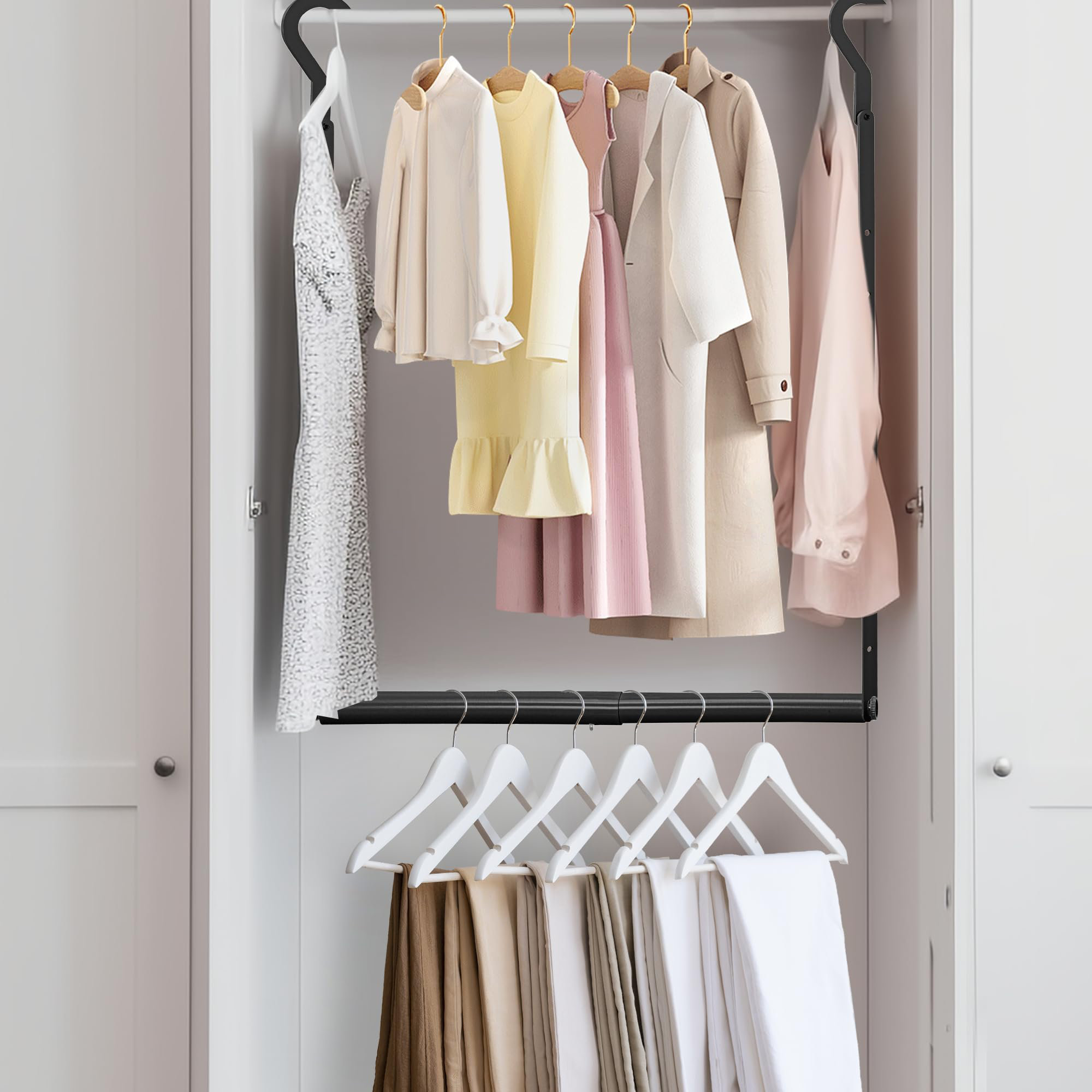 Rebrilliant Adjustable Width Hanging Closet Rod, Double Closet Rod ...