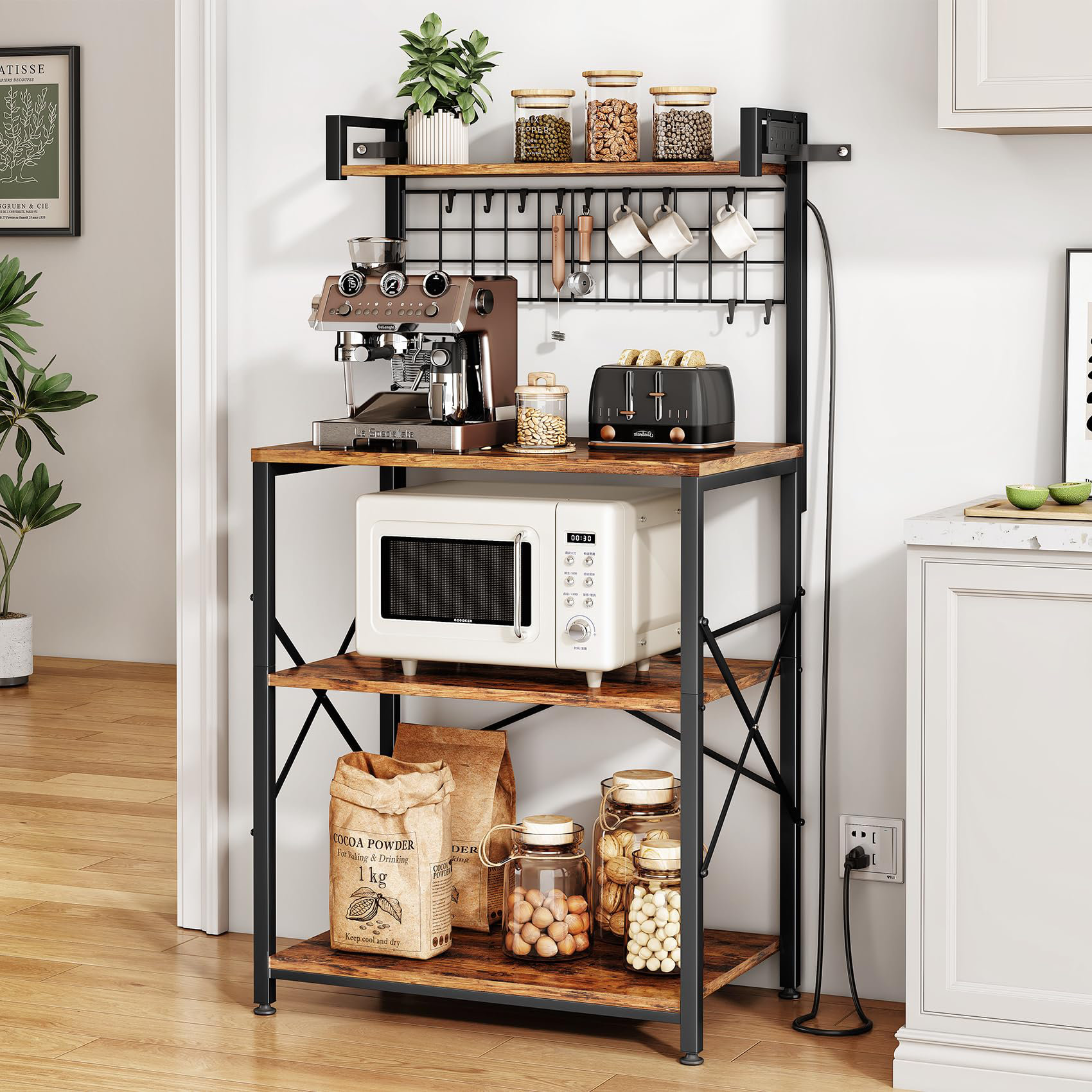 17 Stories 4 - Tier Bakers Rack - Power Outlet, Wire Grid & 10 Hooks ...