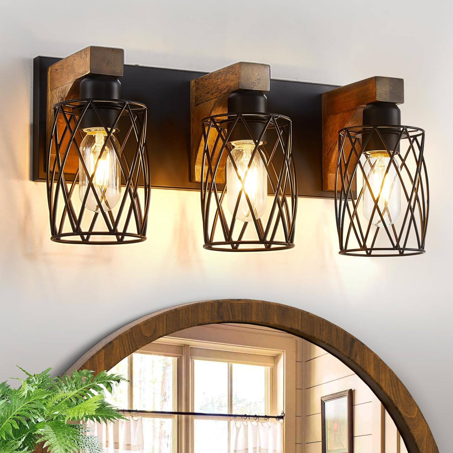 17 Stories Bathroom Vanity Light, 3-Light Wood Bathroom Light Fixtures Over Mirror, Black ...