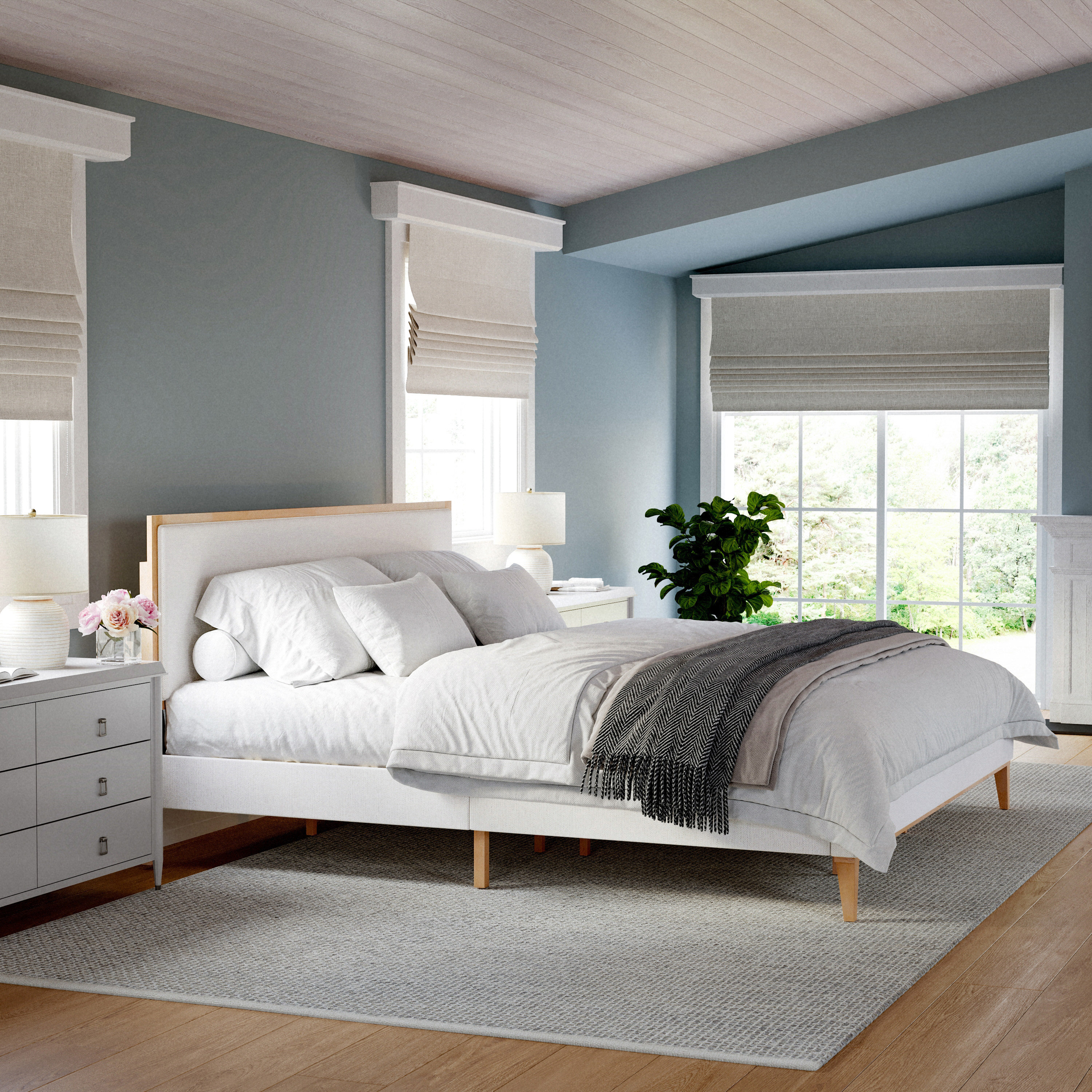Martha Stewart Flynn Wooden Platform Bed With Upholstered Base And ...
