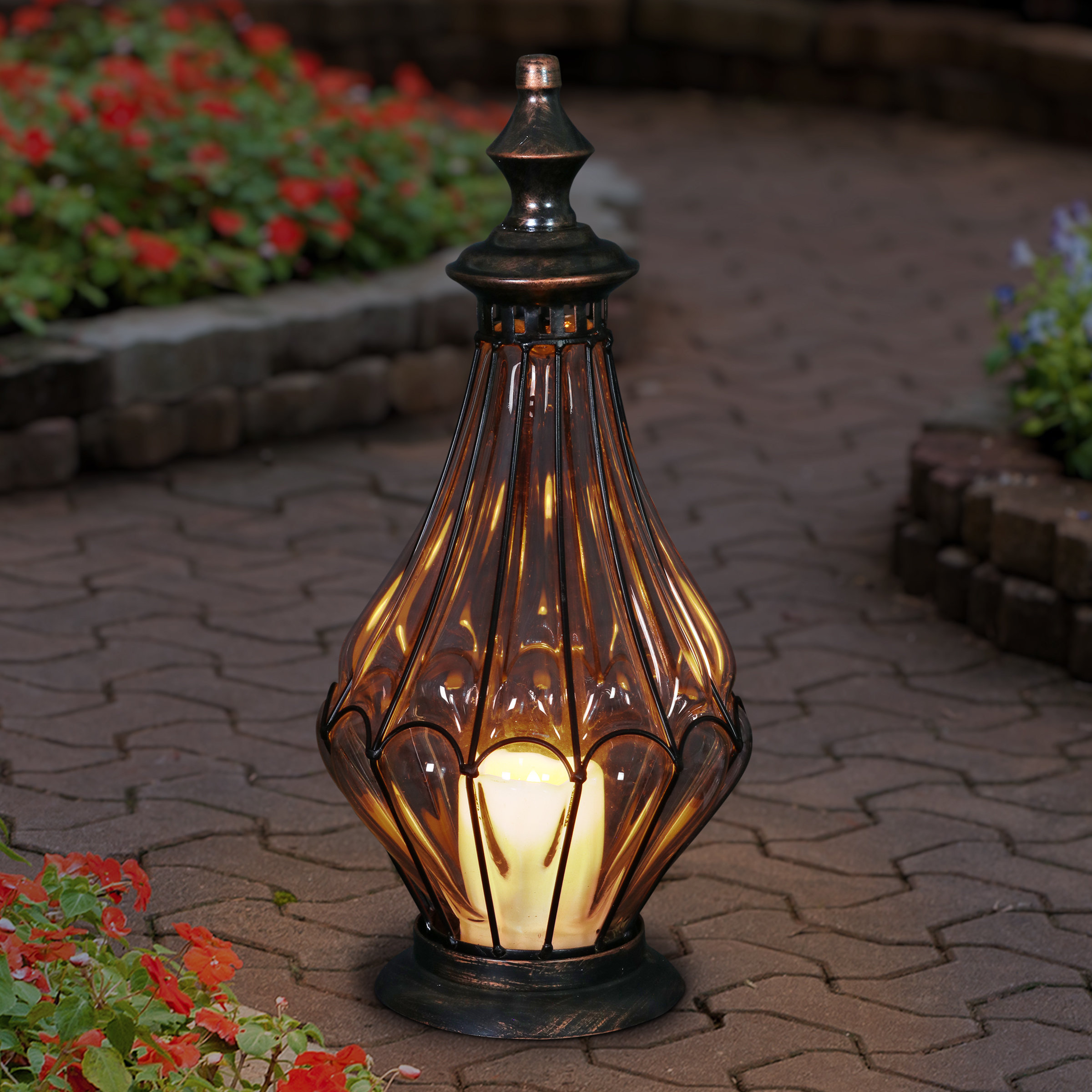 Exhart Glass Pear Shape Lantern with LED Candle on a Timer, 14 Inch ...