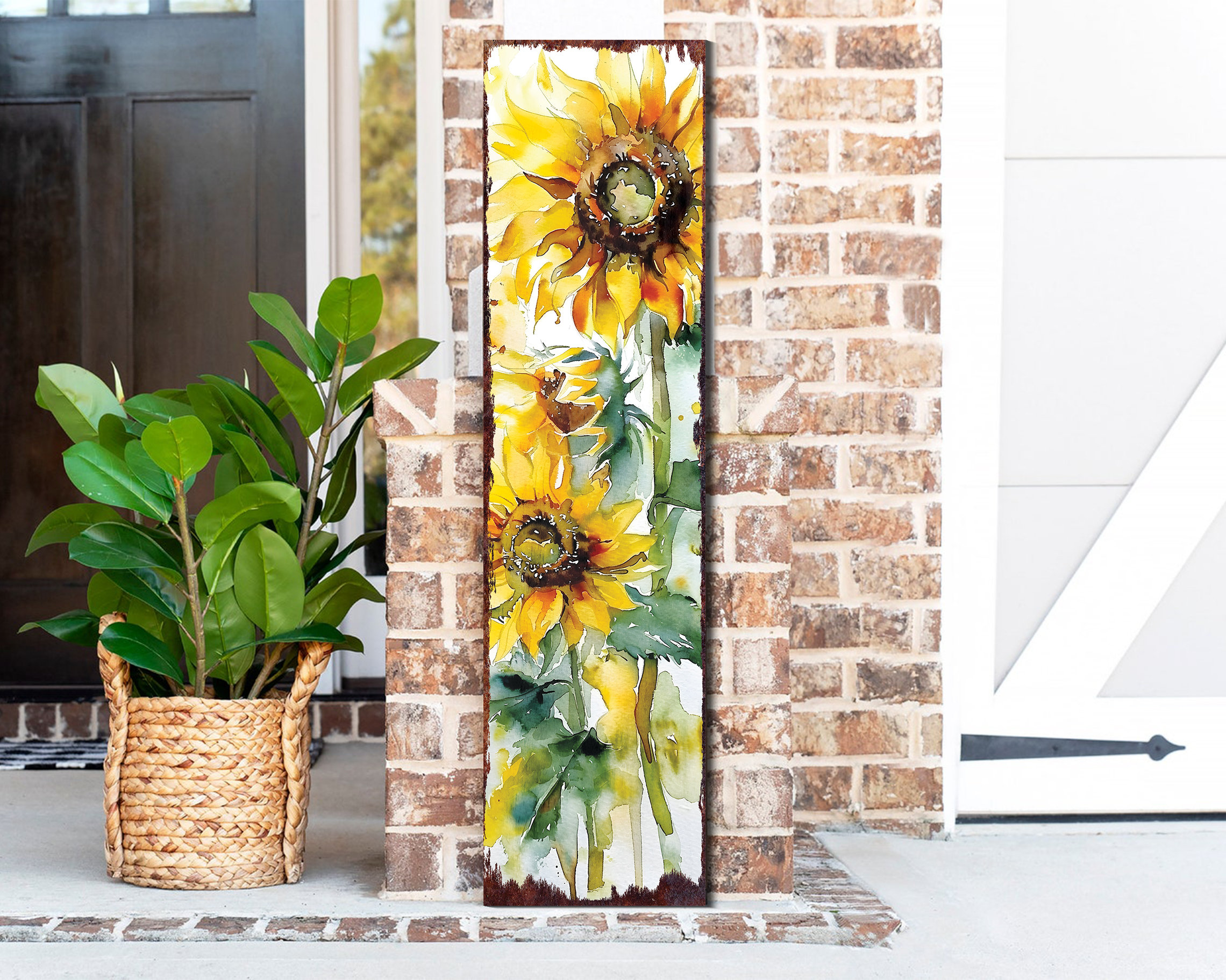Gracie Oaks 36in Summer Watercolor Sunflower Wooden Porch Sign | Rustic ...