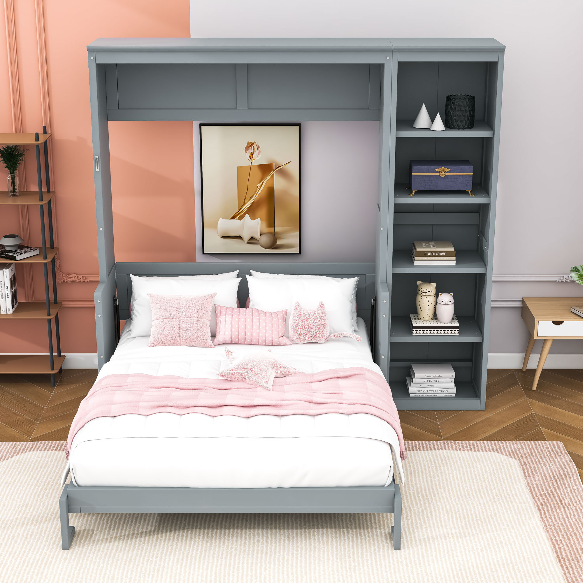 Red Barrel Studio® Wooden Murphy Platform Bed with Shelves | Wayfair