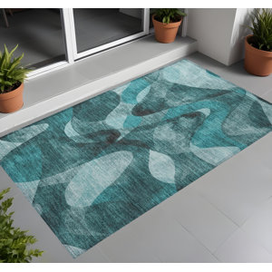 HomeRoots 2' X 3' Teal Abstract Washable Non Skid Indoor Outdoor Area ...