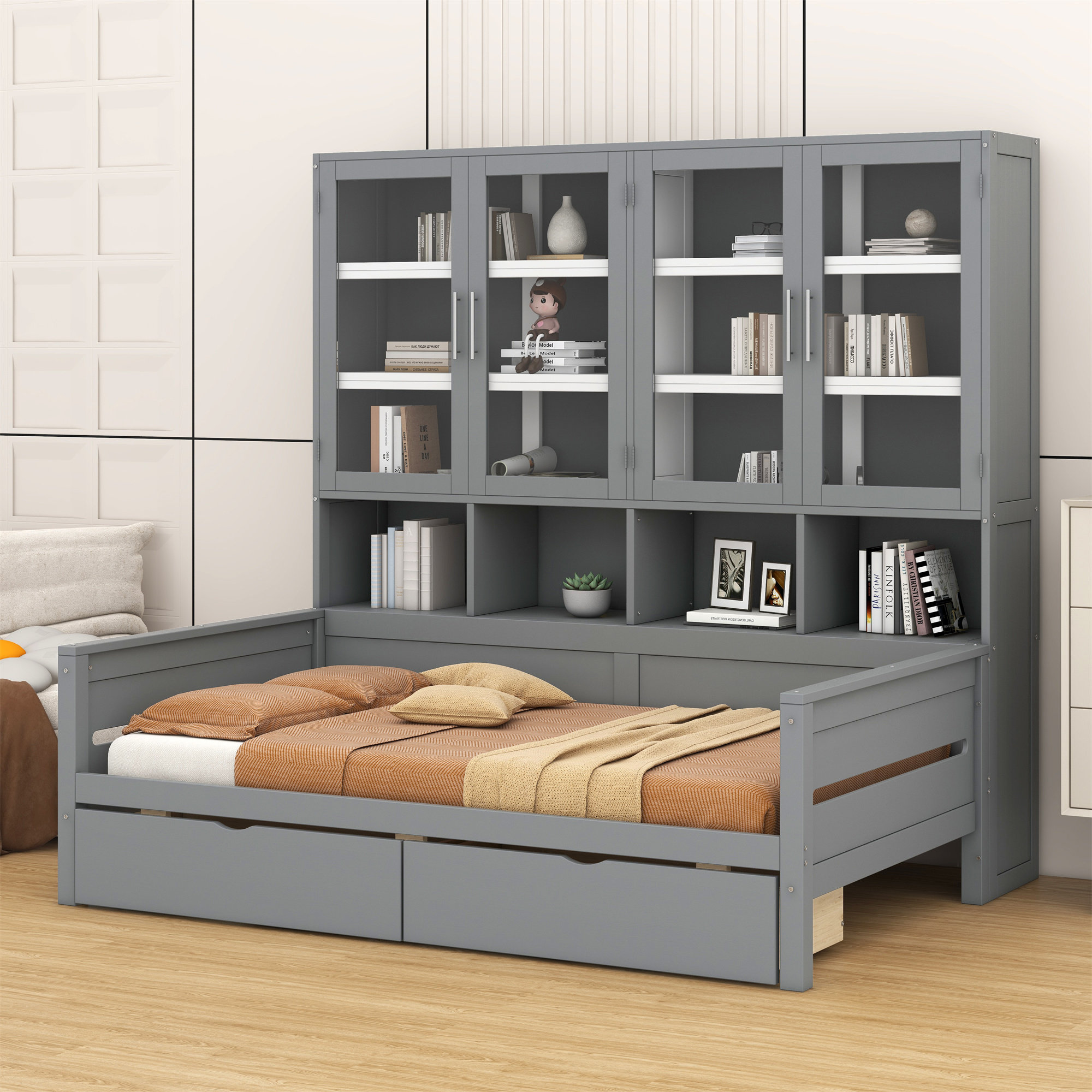 George Oliver Wooden Daybed With Glass-Door Storage Cabinets, Built-In ...