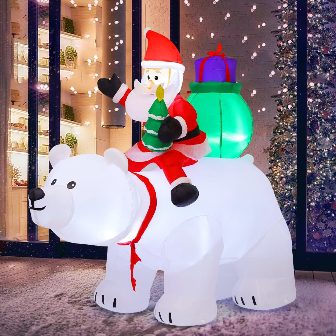 GOOSH Christmas Inflatables 6.6 FT Long Santa Clause Riding Polar Bear ...