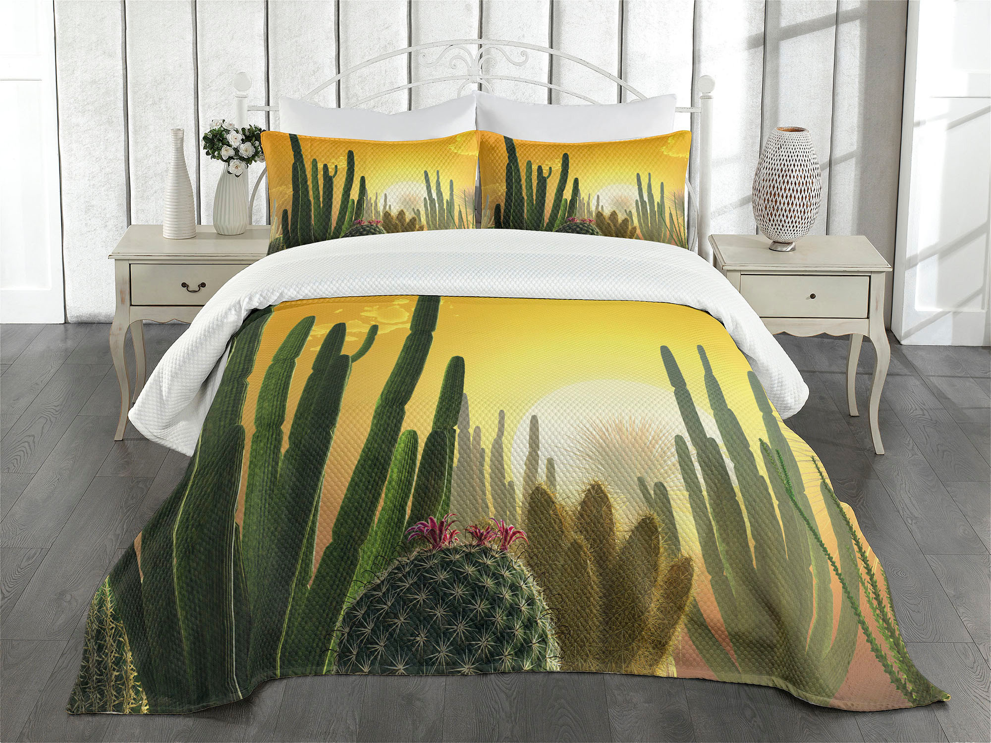Ambesonne Cactus Bedspread Set Sunset Desert Scenario Print Yellow ...