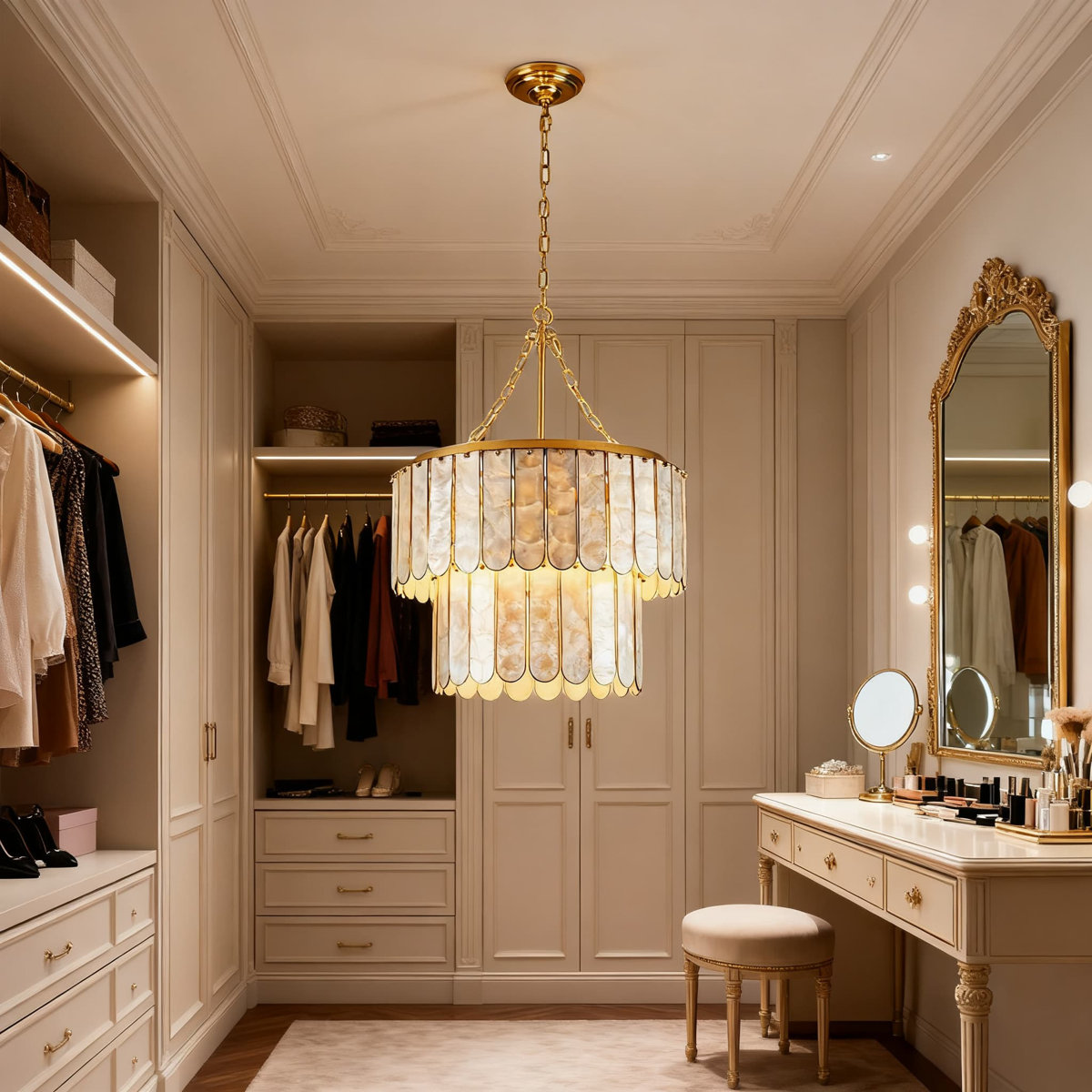 Everly Quinn Modern Capiz Shell Chandelier With Dual-Tier Design, Gold ...