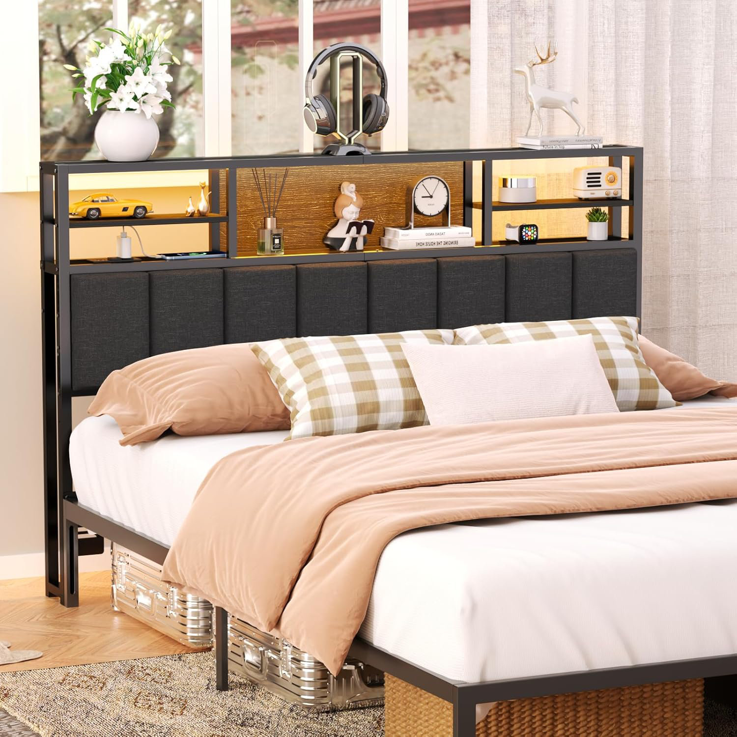 Ivy Bronx Headboards For Queen Size Bed With Storage Shelves, USB Ports ...