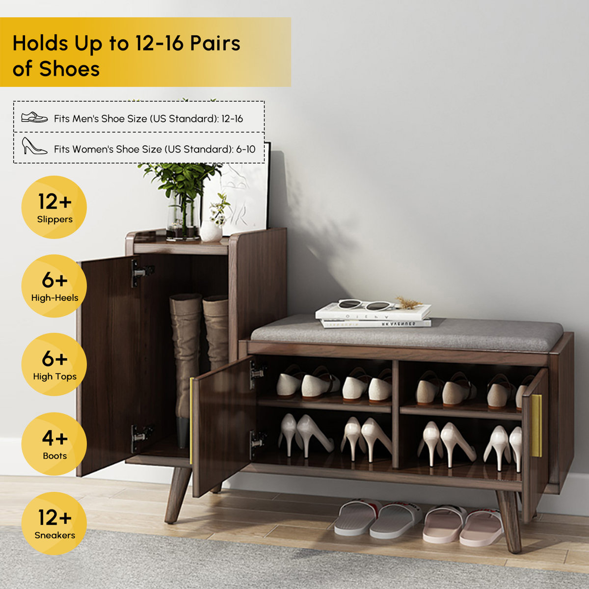 Corrigan Studio® 47" Black Walnut Wooden Shoe Storage Bench with 3 ...