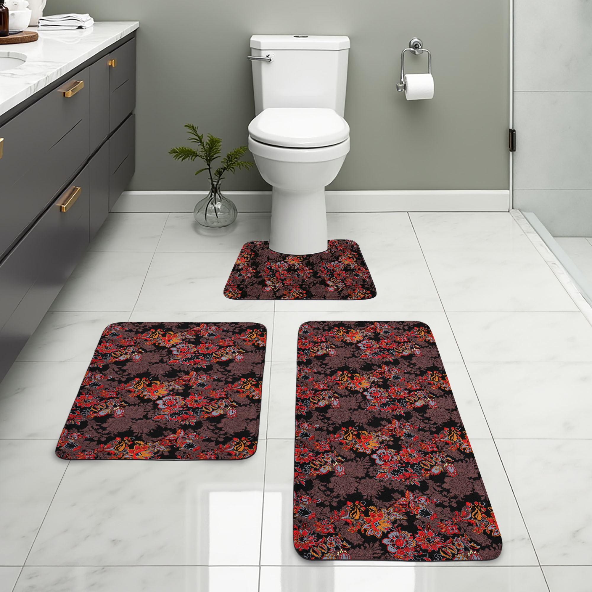 East Urban Home Flower Bathroom Rug Set 3 Pieces U-Shape & Rectangle ...