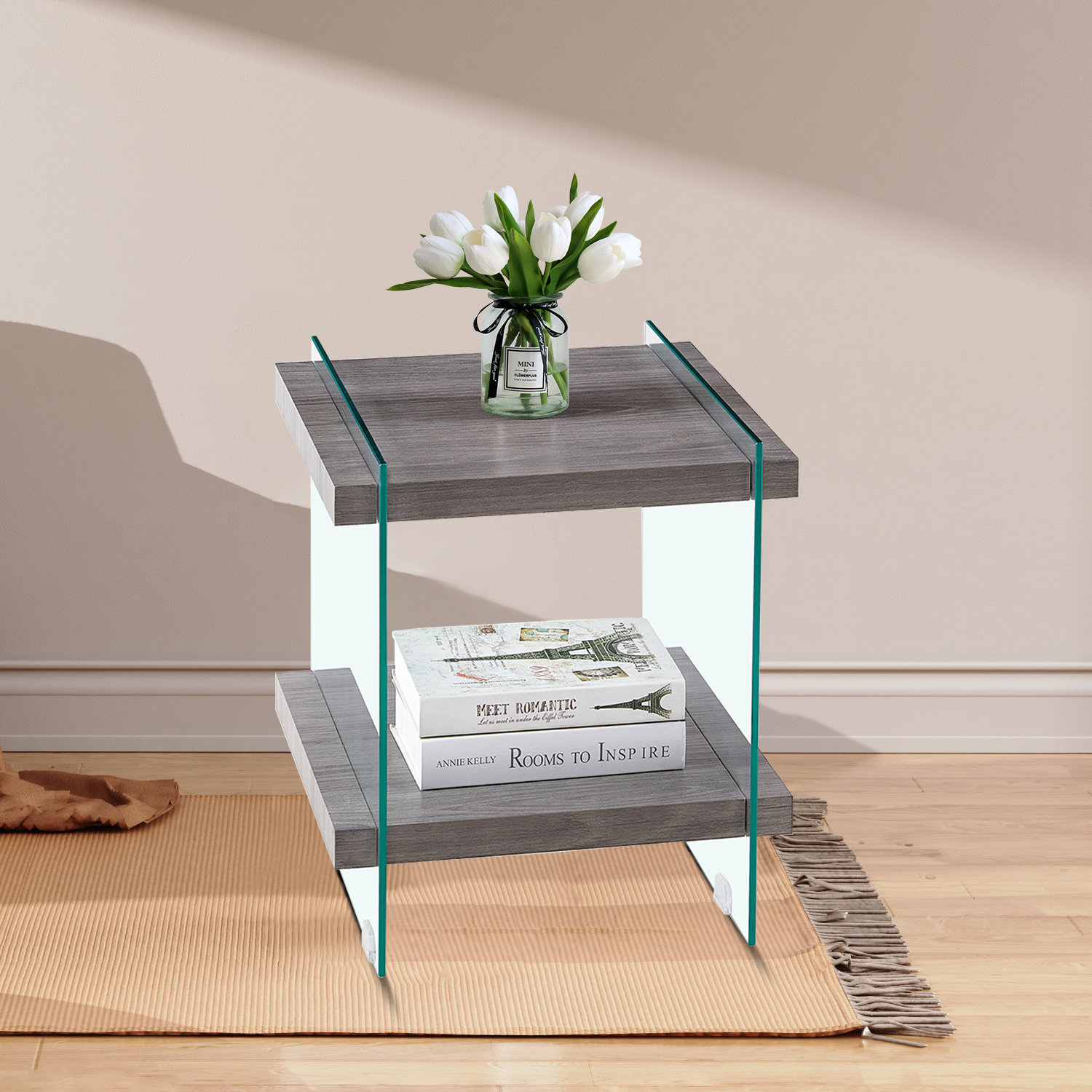 Brayden Studio Fashionable Square Tempered Glass Legs Side Table With ...