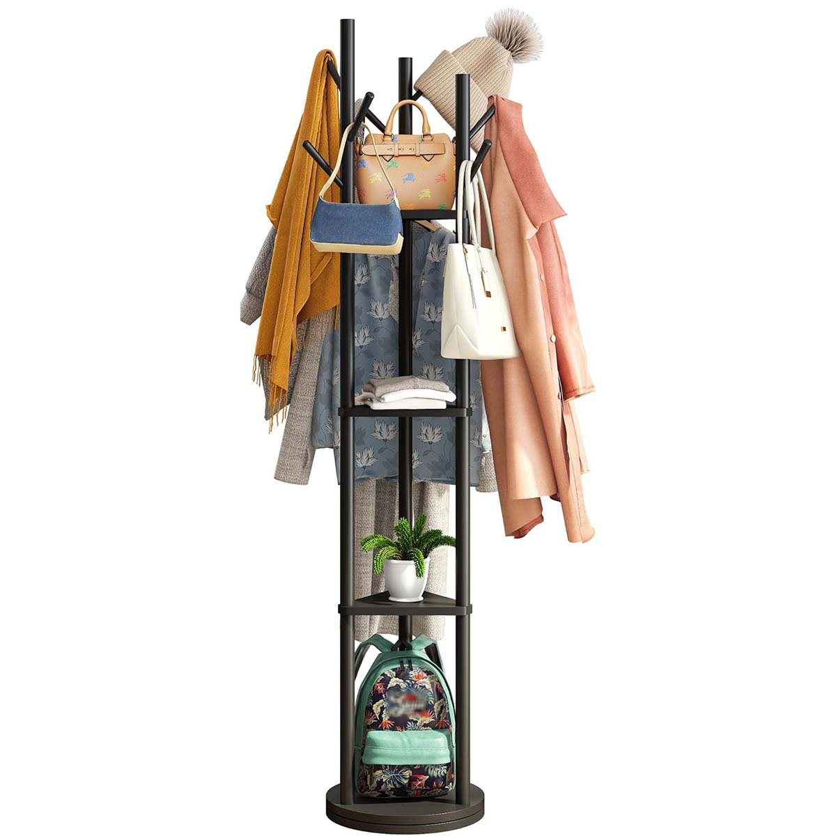 Latitude Run® Rotary Coat Rack Stand With 8 Hooks, Bamboo Wood Coat ...