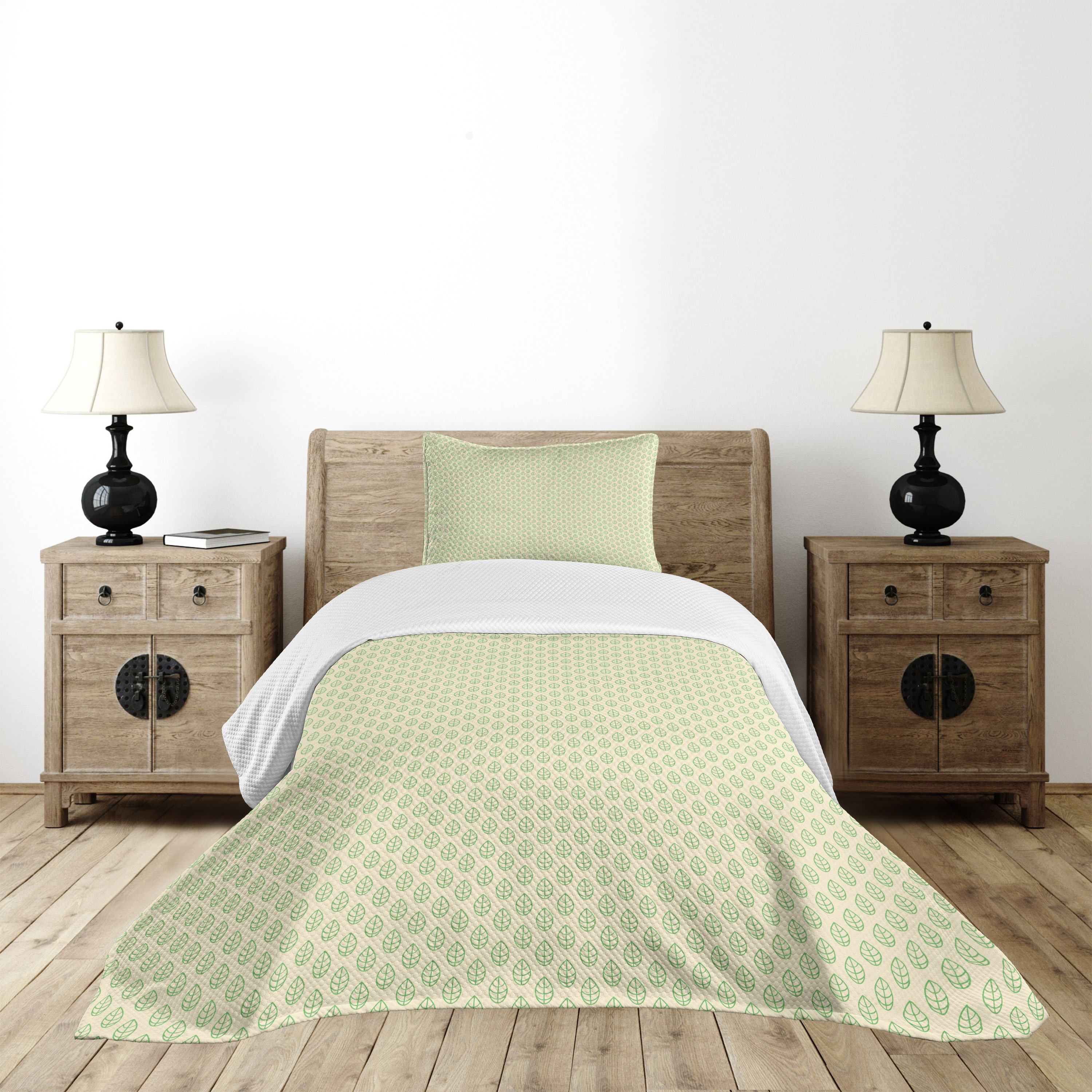 Ambesonne Nature Bedspread Set Geometric Spring Leaves Green White ...