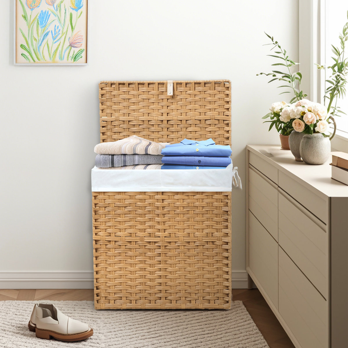 Winston Porter Wicker Laundry Hamper with Lid, 90L/110L Storage ...