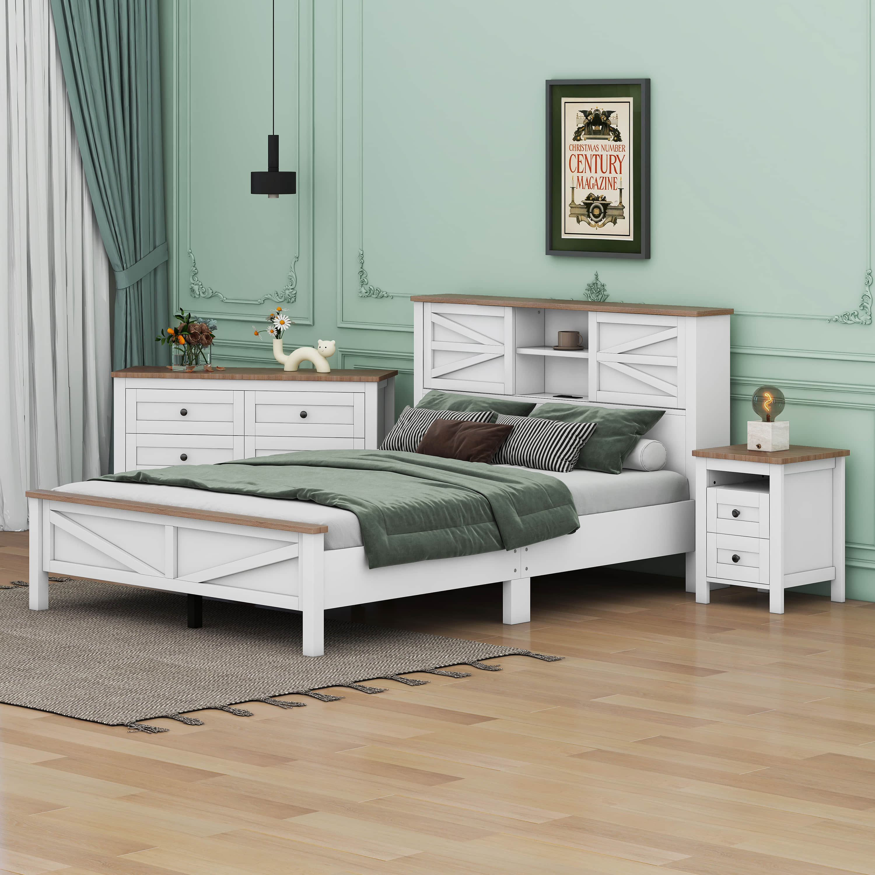 Gracie Oaks Aanaya Queen Size Farmhouse Platform Bed with Double ...