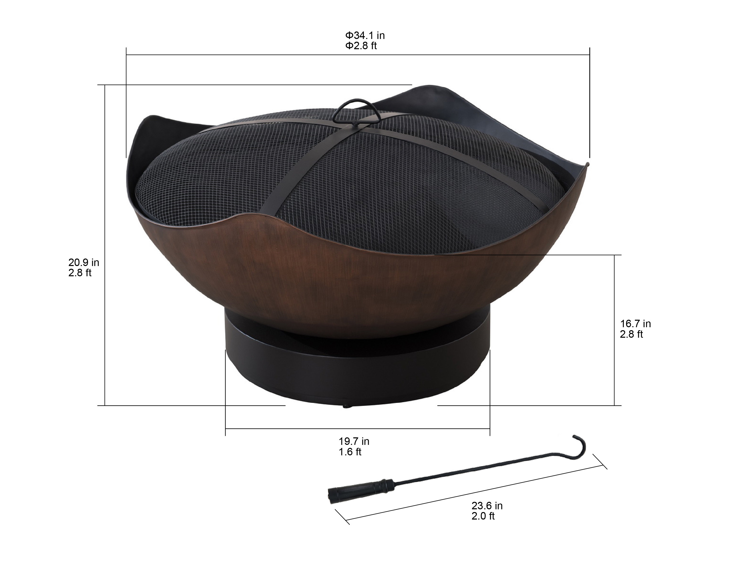 Sunjoy 34 Inch Round Bowl Shaped Fire Pits, Copper Steel Wood Burning ...