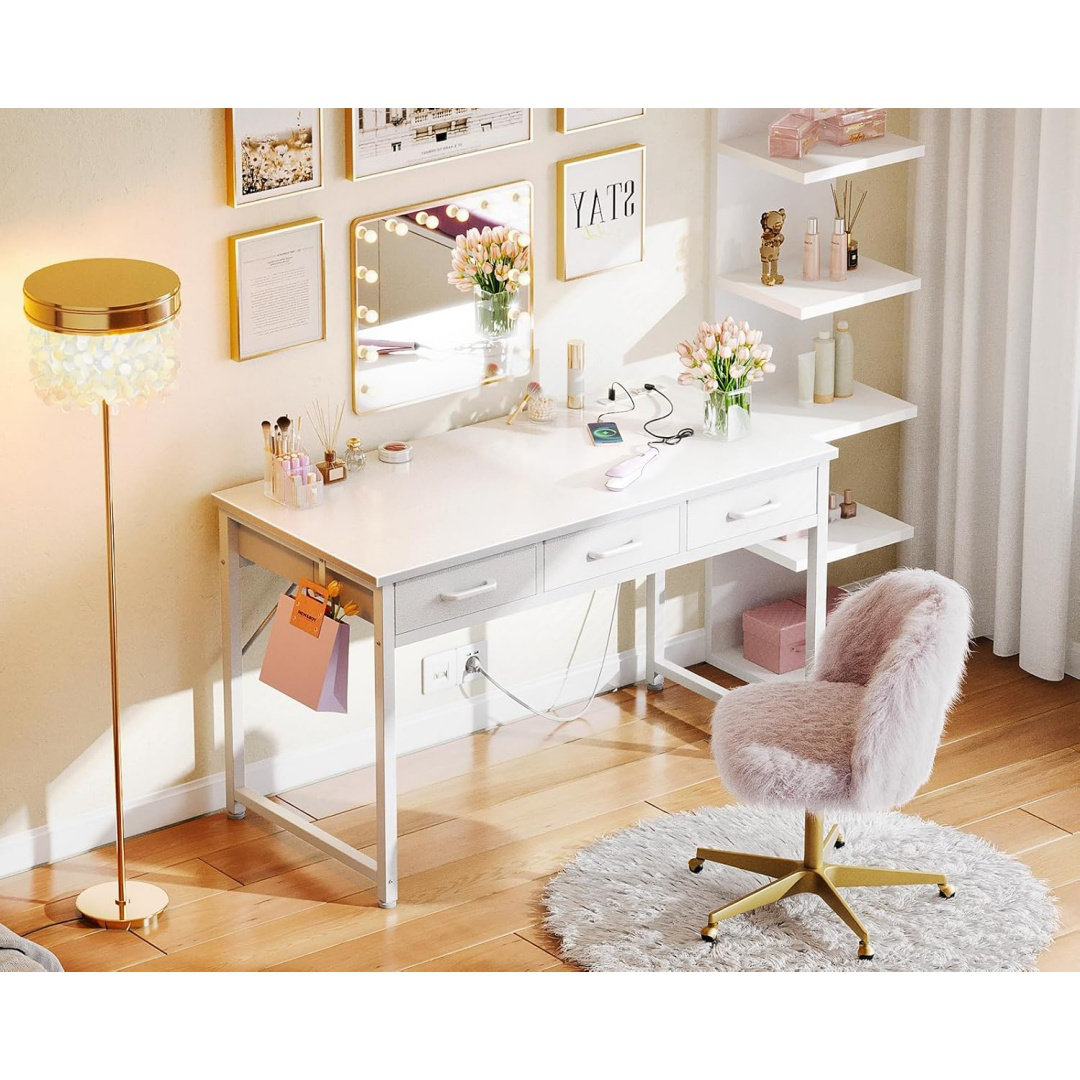Ebern Designs 48" Small Vanity Desk No Mirror With Drawers & Power ...