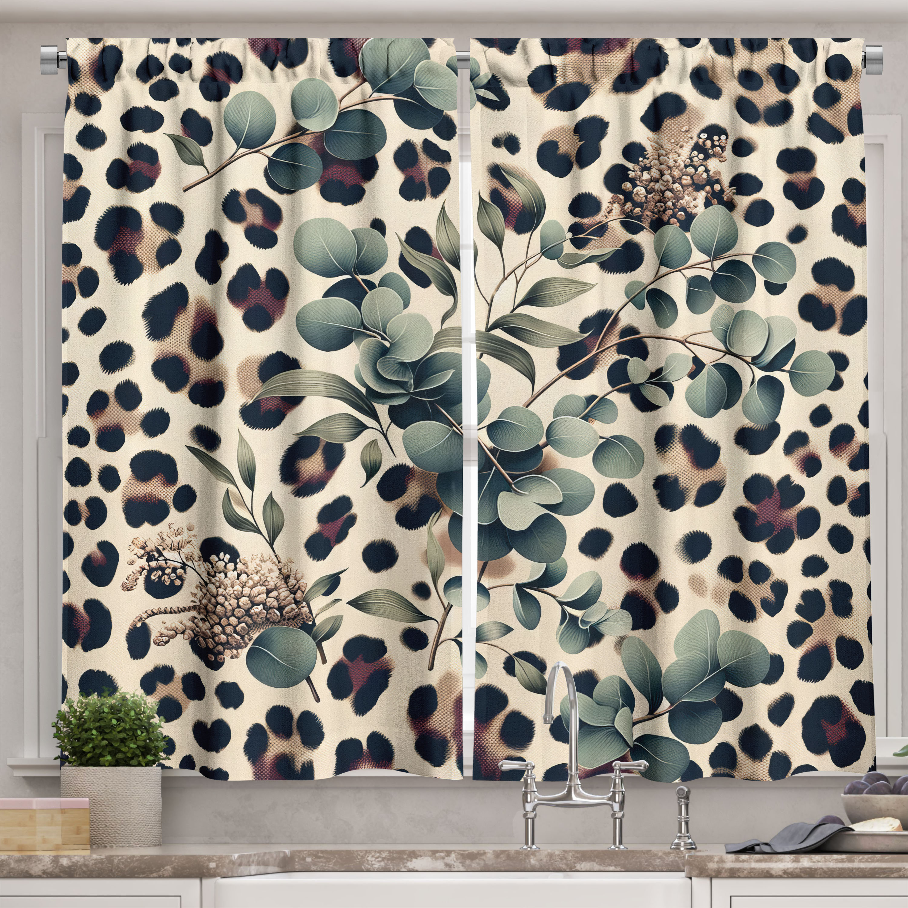 Ambesonne Leopard Print Kitchen Curtain Bold Eucalyptus Leaf Camel and ...