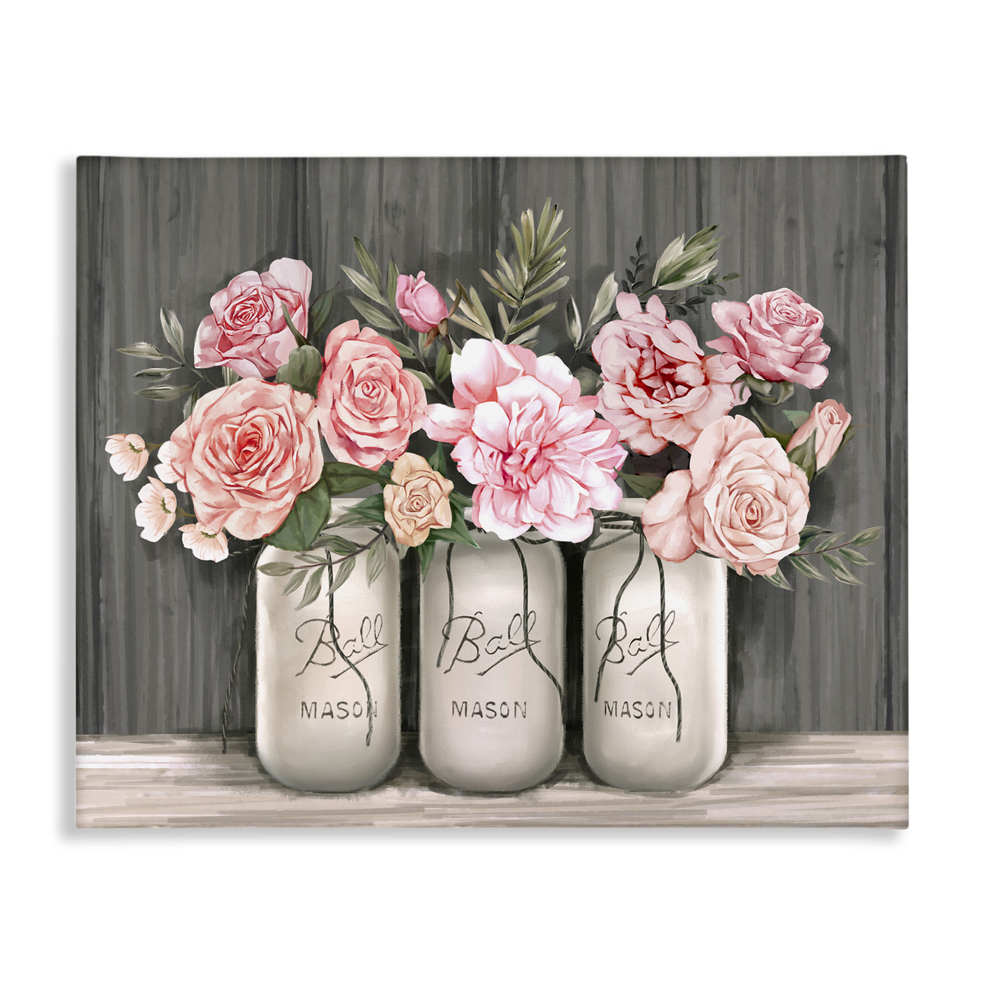 Stupell Industries Blossoming Pink Rose Bouquets Rustic Country Jars ...