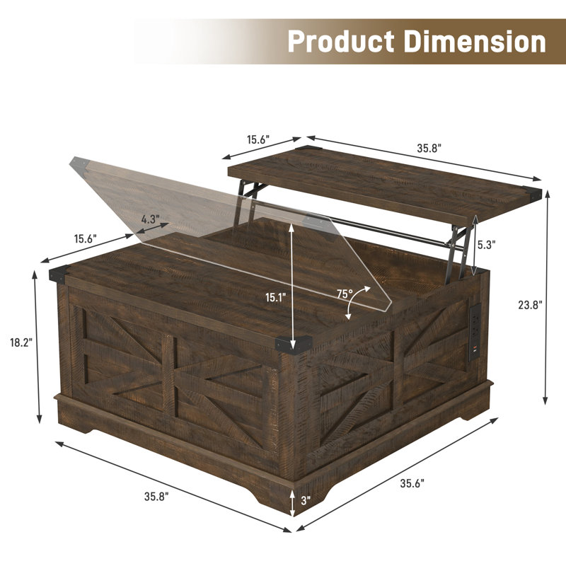 Gracie Oaks 36" Farmhouse Movable Lift Top Coffee Table With Storage ...