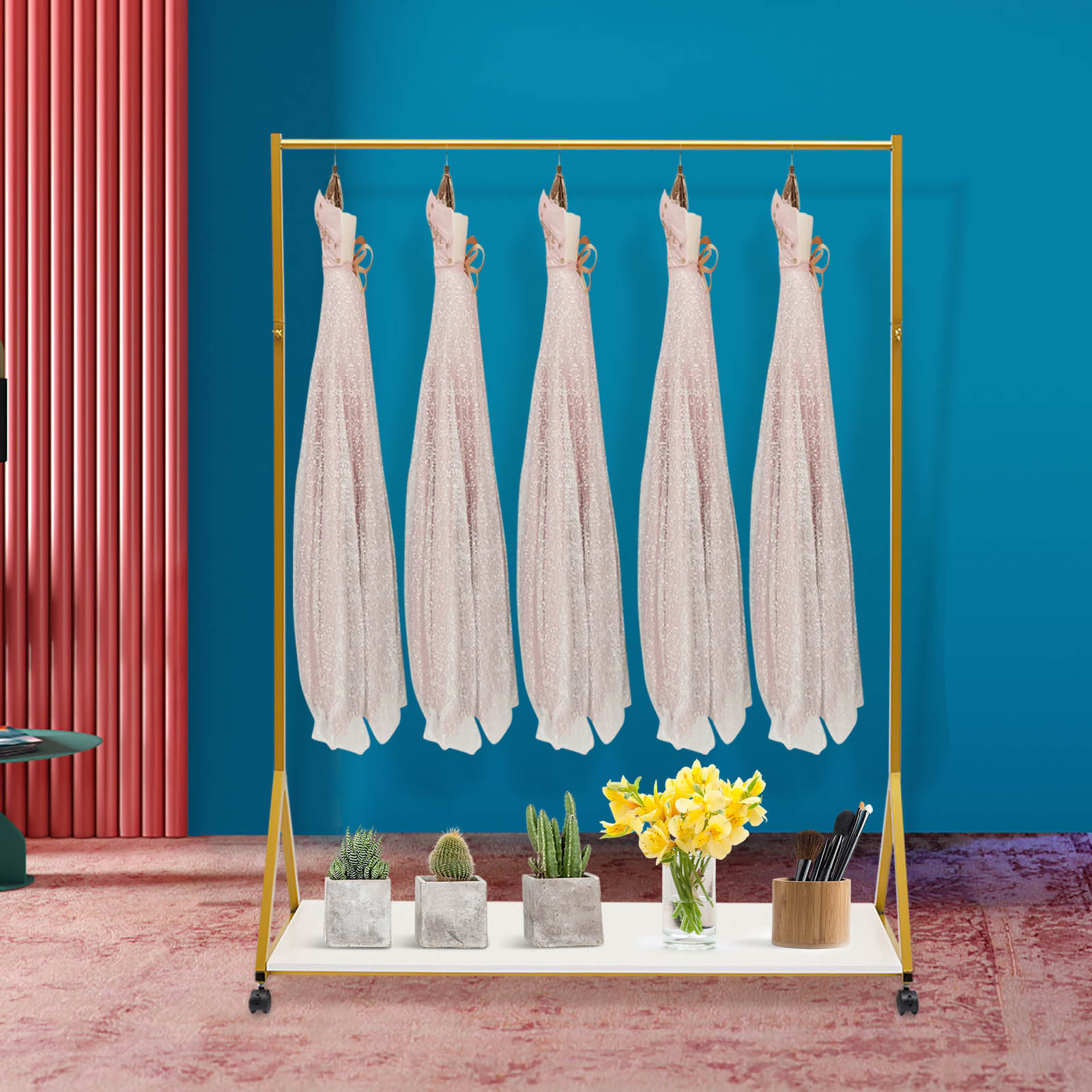 Mercer41 Gold Metal Clothing Rack With Shelf Wheels Bridal Dress ...