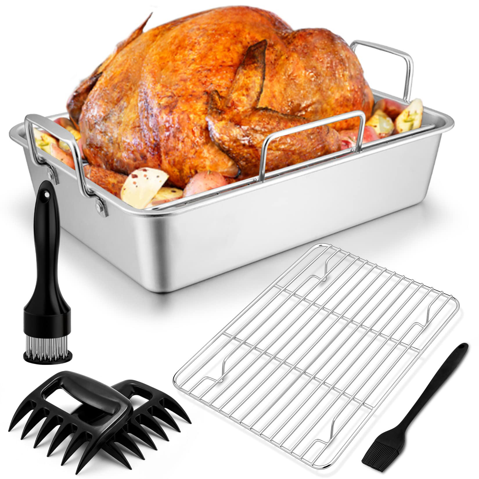 ColorLife Roasting Pan With Racks, 7 Pcs Stainless Steel Large Turkey ...