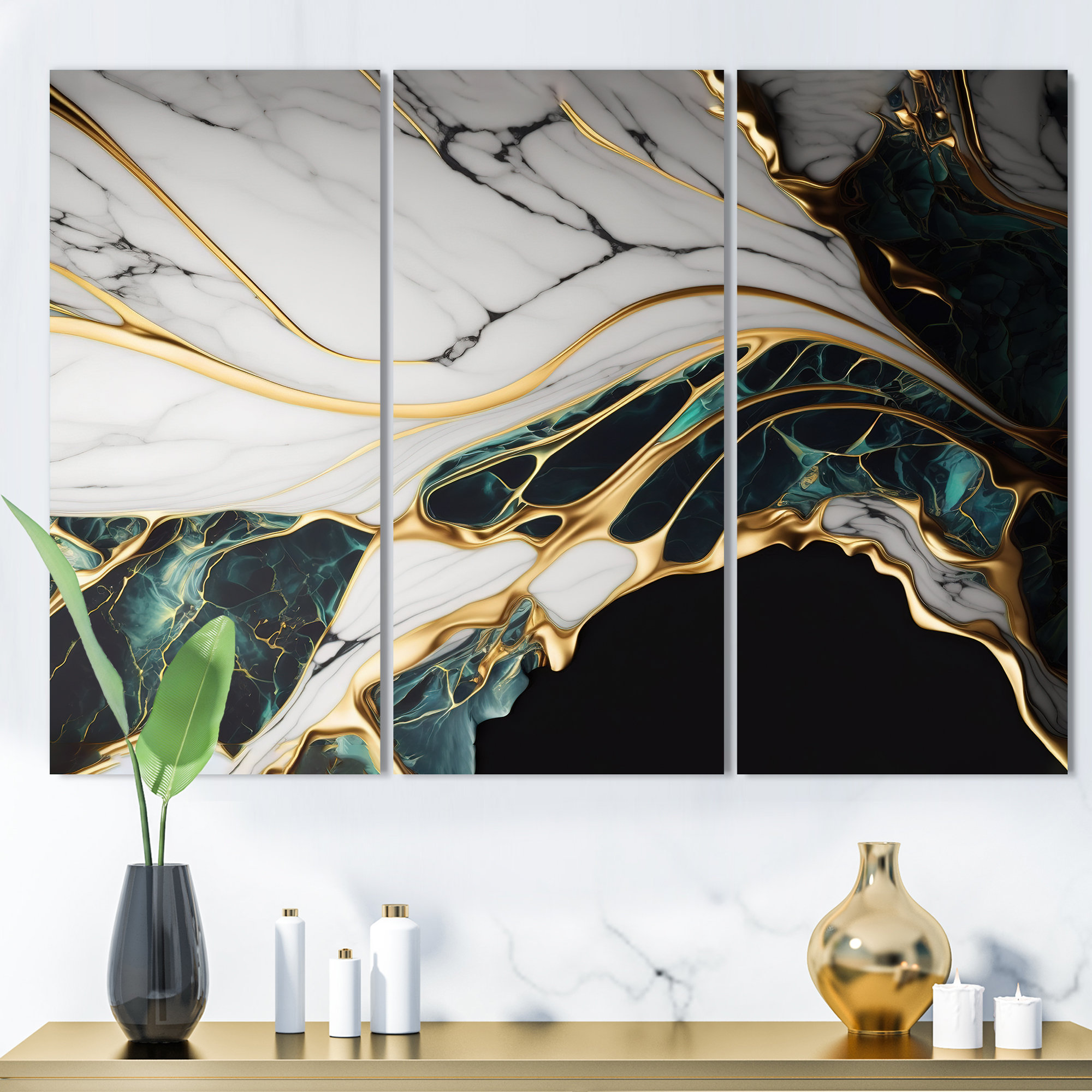 Design Art Abstract Geode Gold And Green Marble III - 3 Piece Print on ...