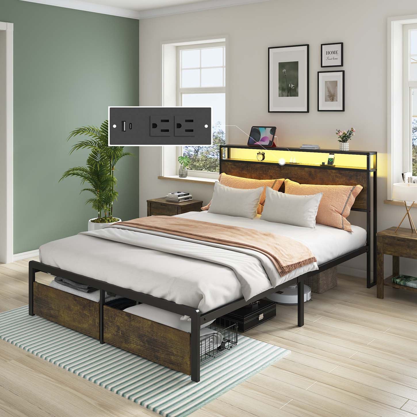 Latitude Run® Bed Frame With Led Lights And Charging Station, Platform ...
