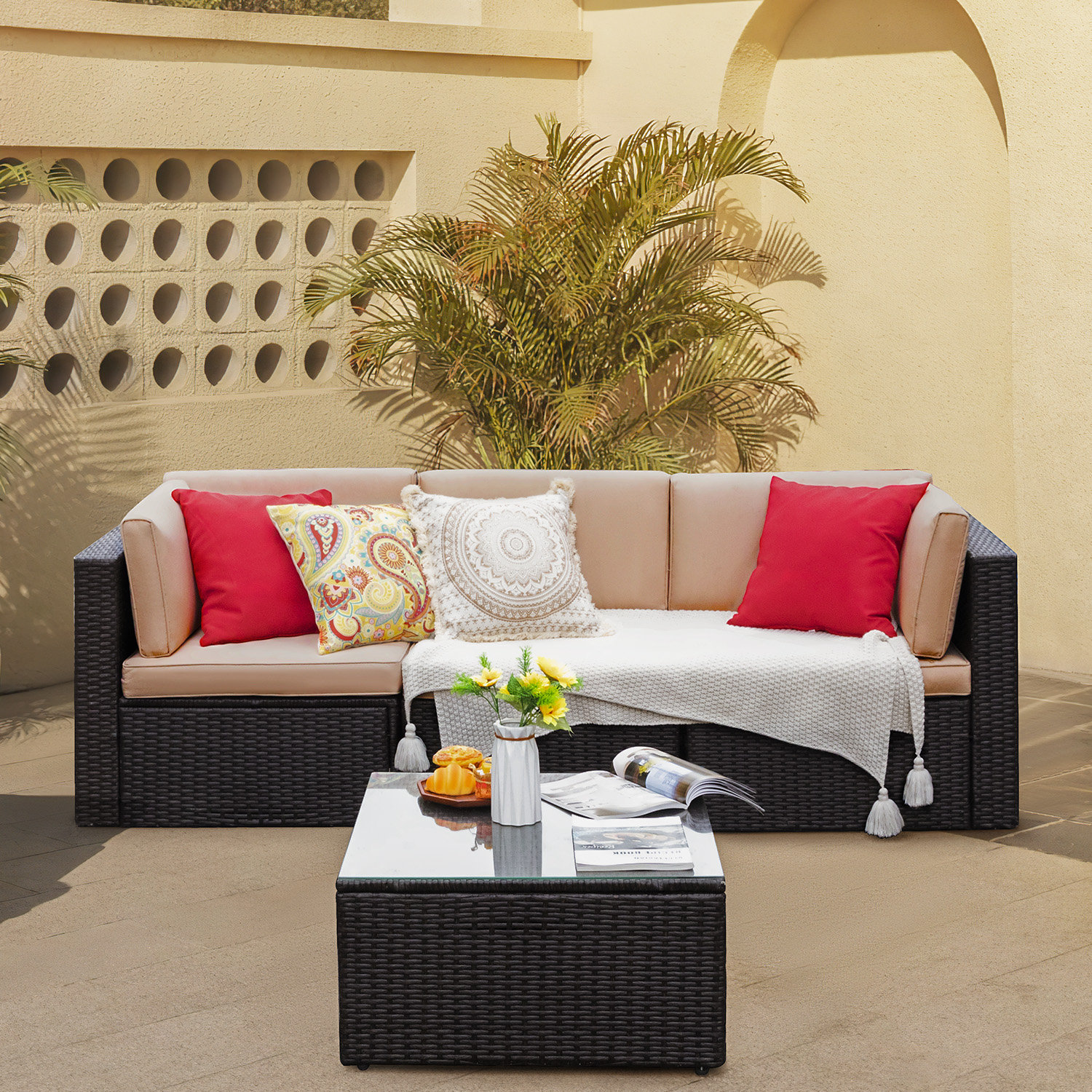 Wade Logan® Atyia 4 Piece Rattan Sectional Seating Group with Cushions ...