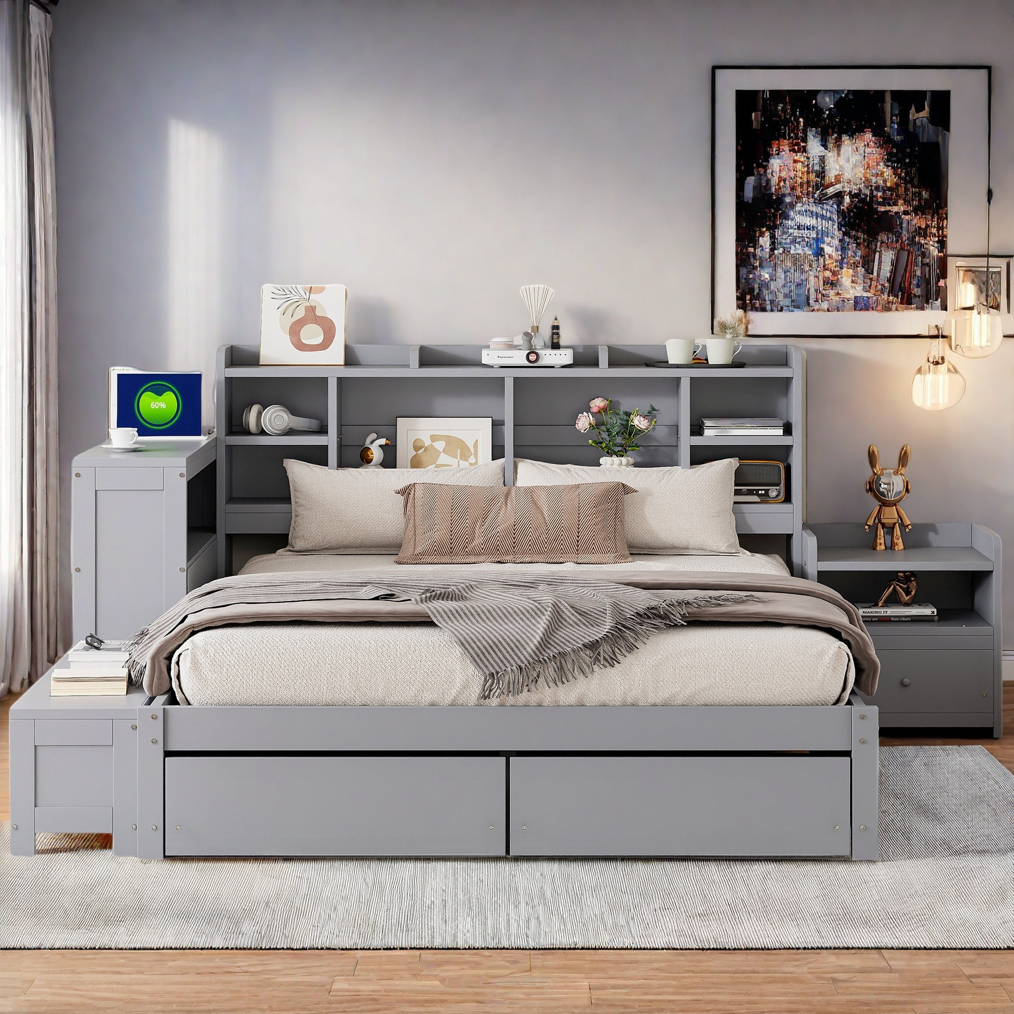 Winston Porter Wooden Platform Bed With Storage Headboard, 1 Nightstand, 1 Desk With Usb Ports ...