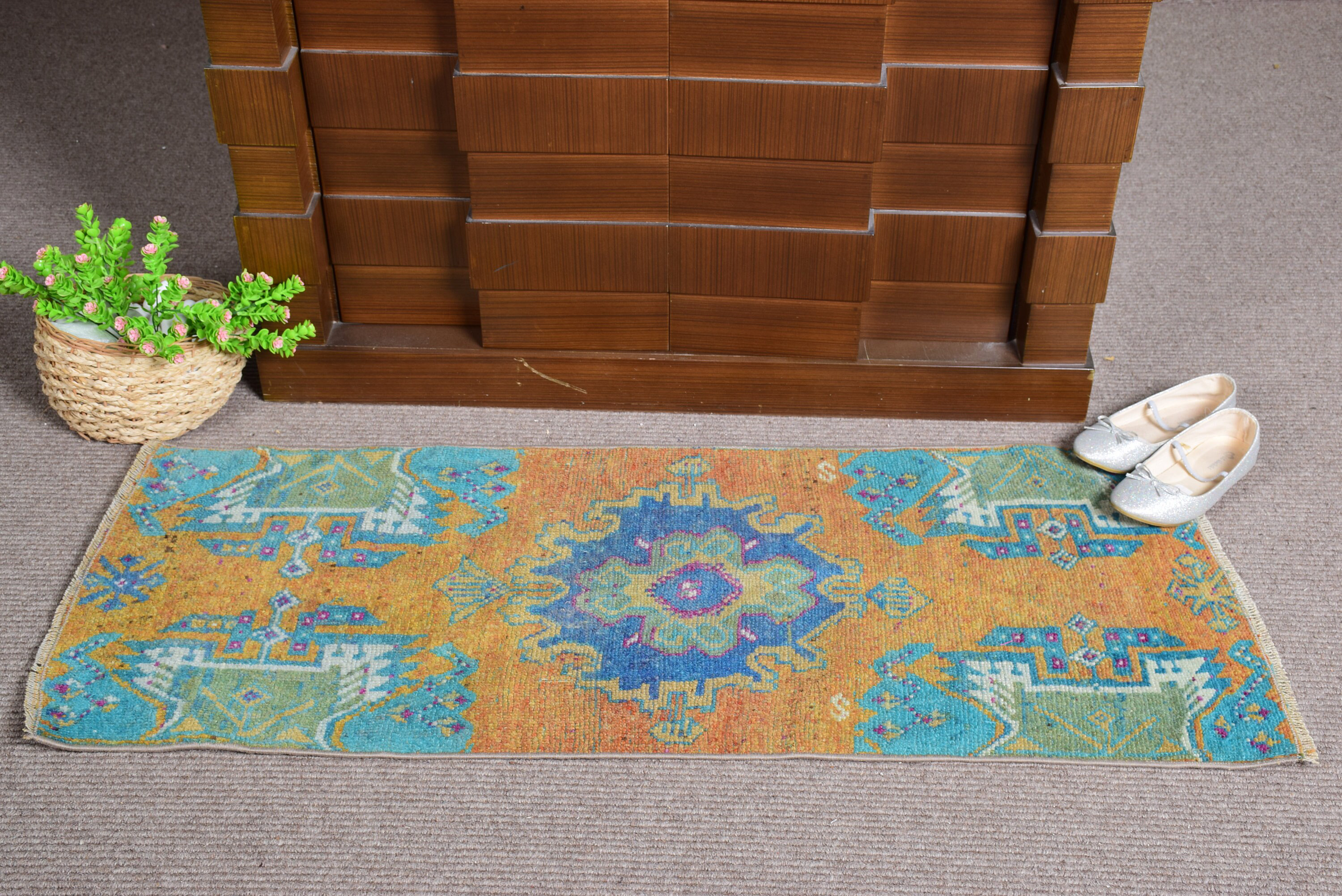 kayra export Vintage Turkish Door Mat with Vibrant Blue Geometric ...