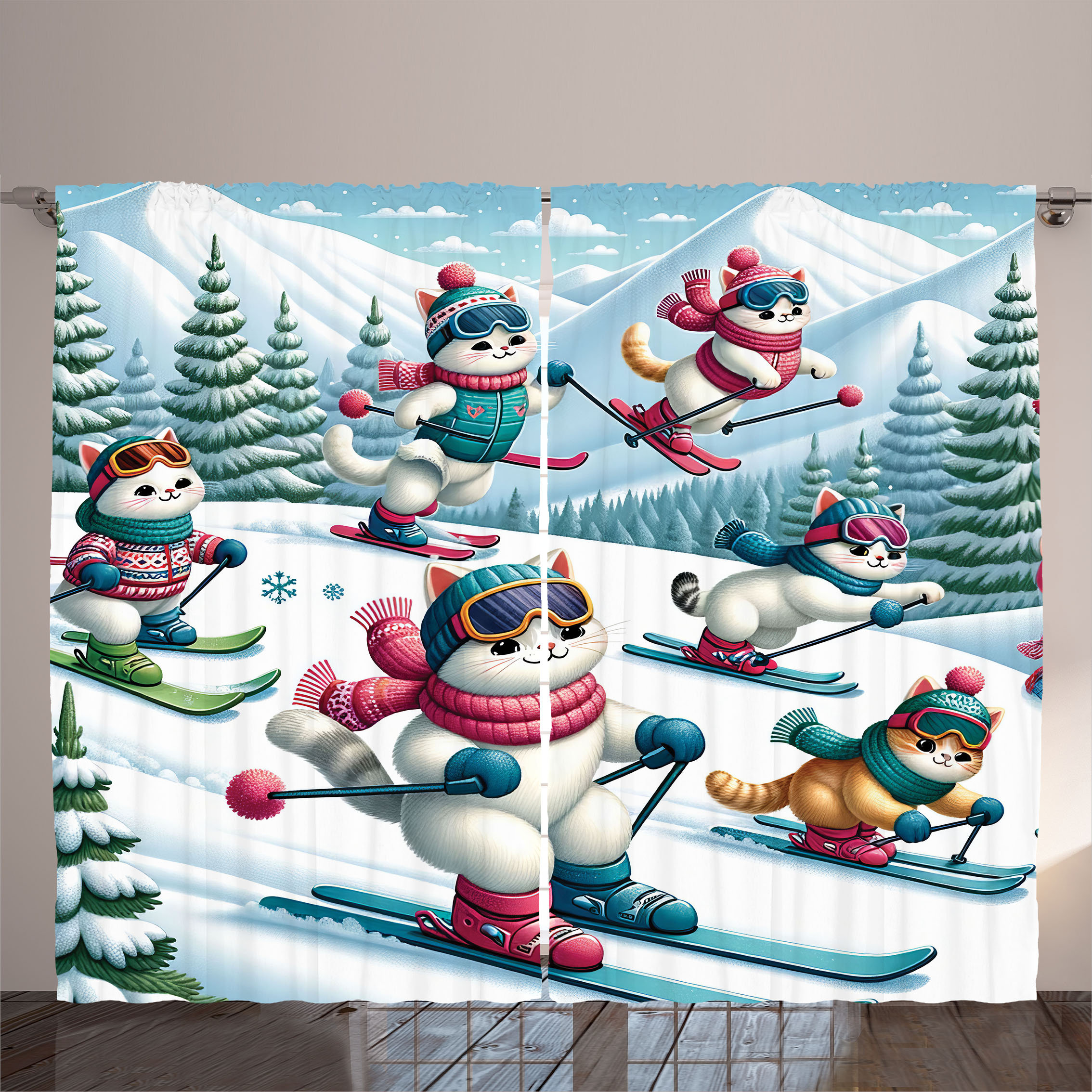 Latitude Run® Curtains 2 Panel Set, Snowy Cartoon Skiing Kitties, Pale ...