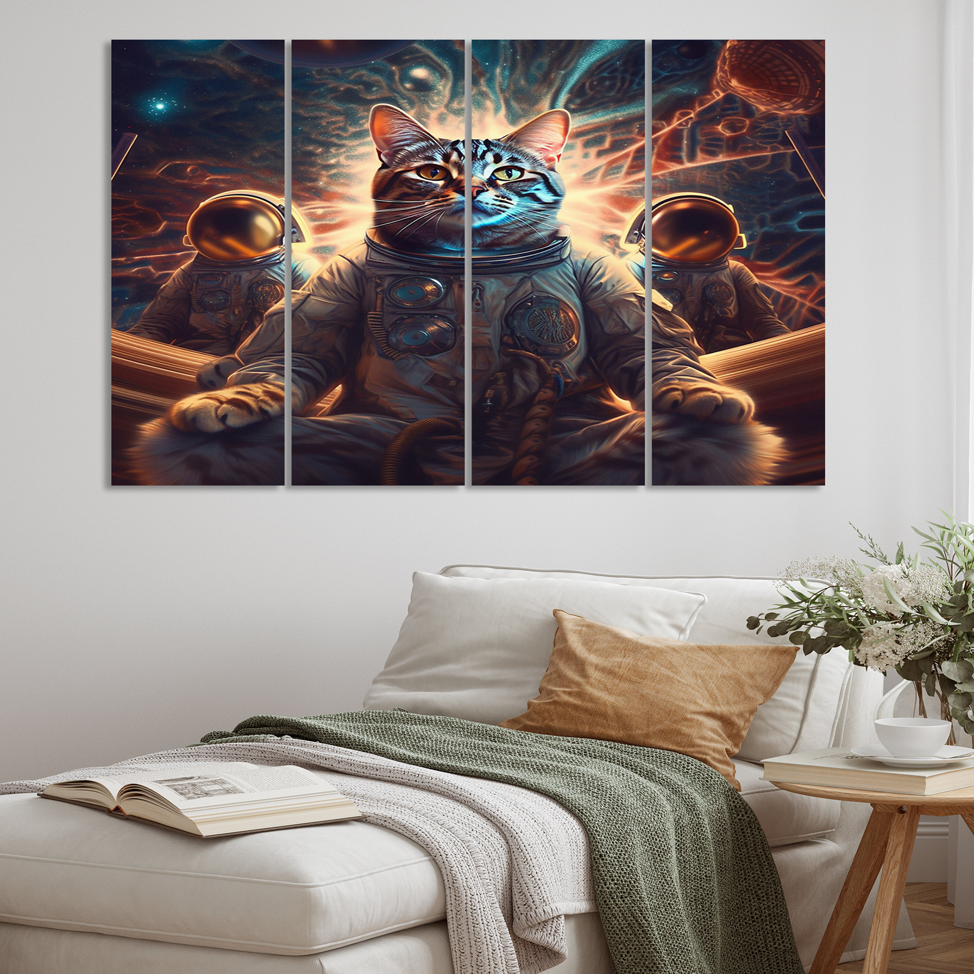 Trinx Psychedlic Space Cat On Canvas 4 Pieces Print | Wayfair