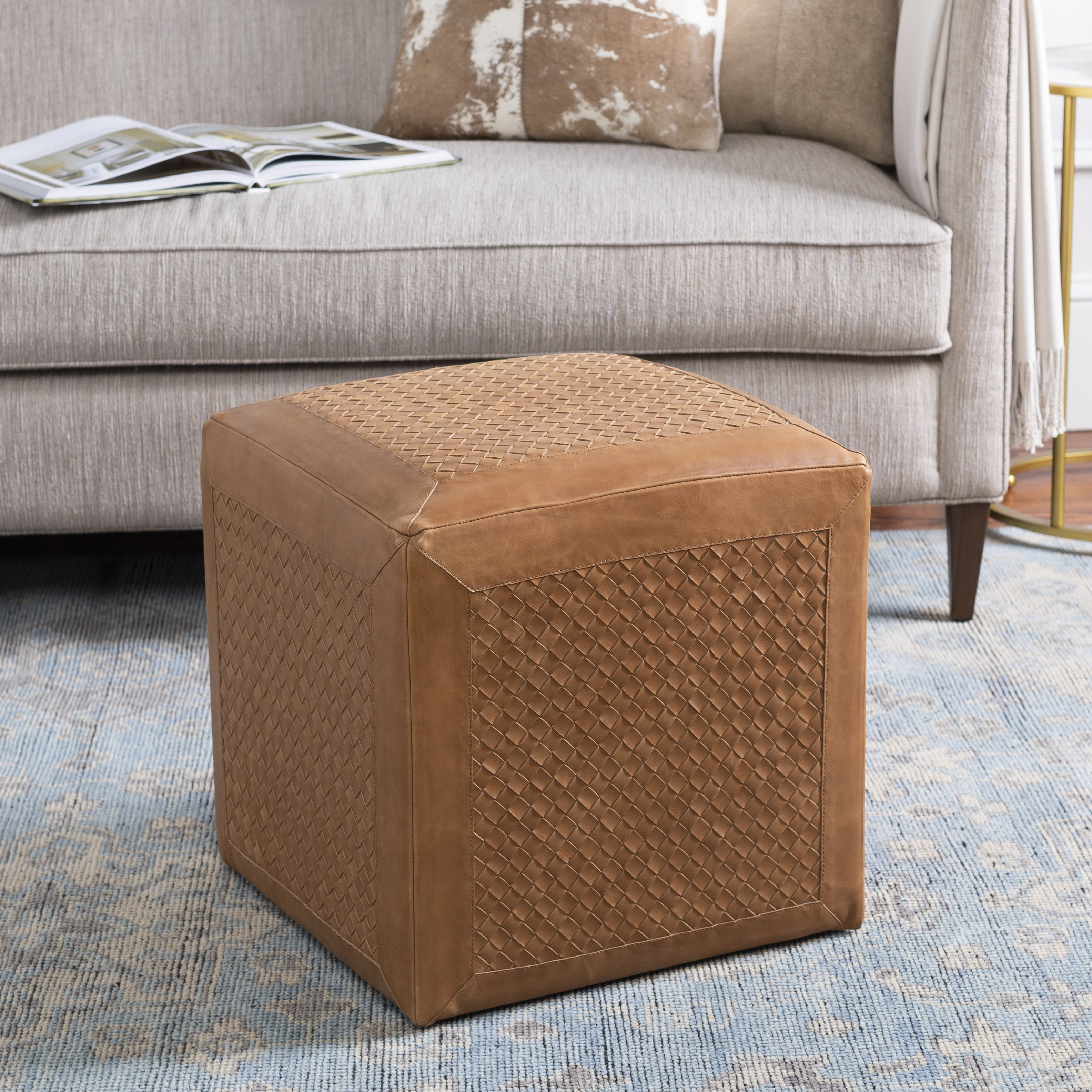 The Twillery Co. Jennifer 18" Wide Genuine Leather Square Cube Ottoman ...