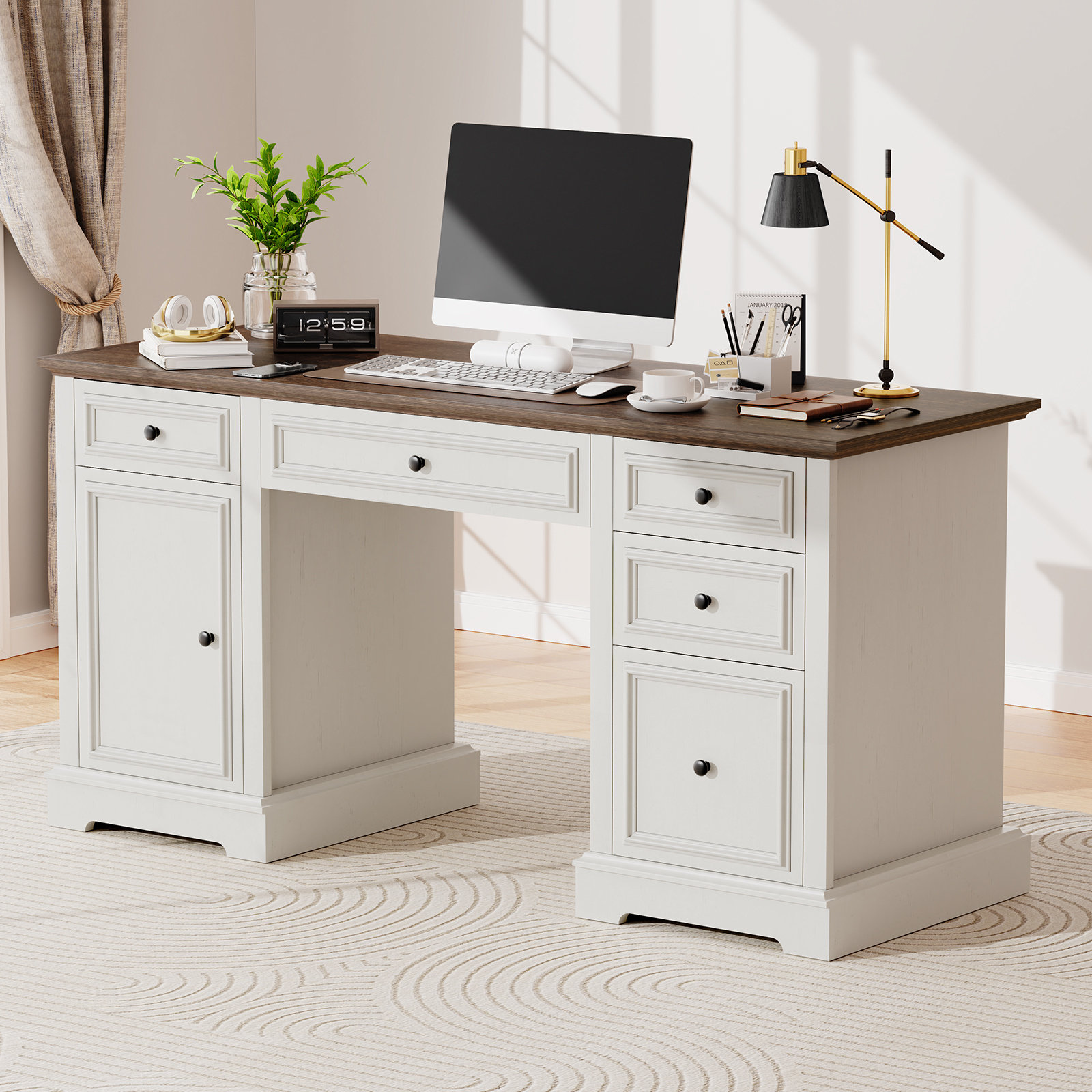 Winston Porter 60" Farmhouse Executive Desk With Drawers And Cabinet ...