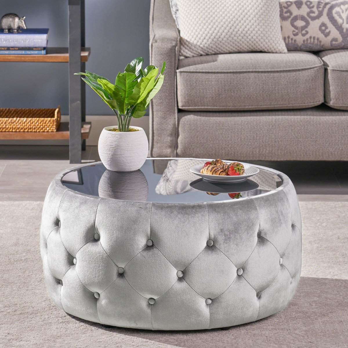 Mercer41 Button- In Smoke Velvet And Tempered Glass Top, 30X30x14.5 ...