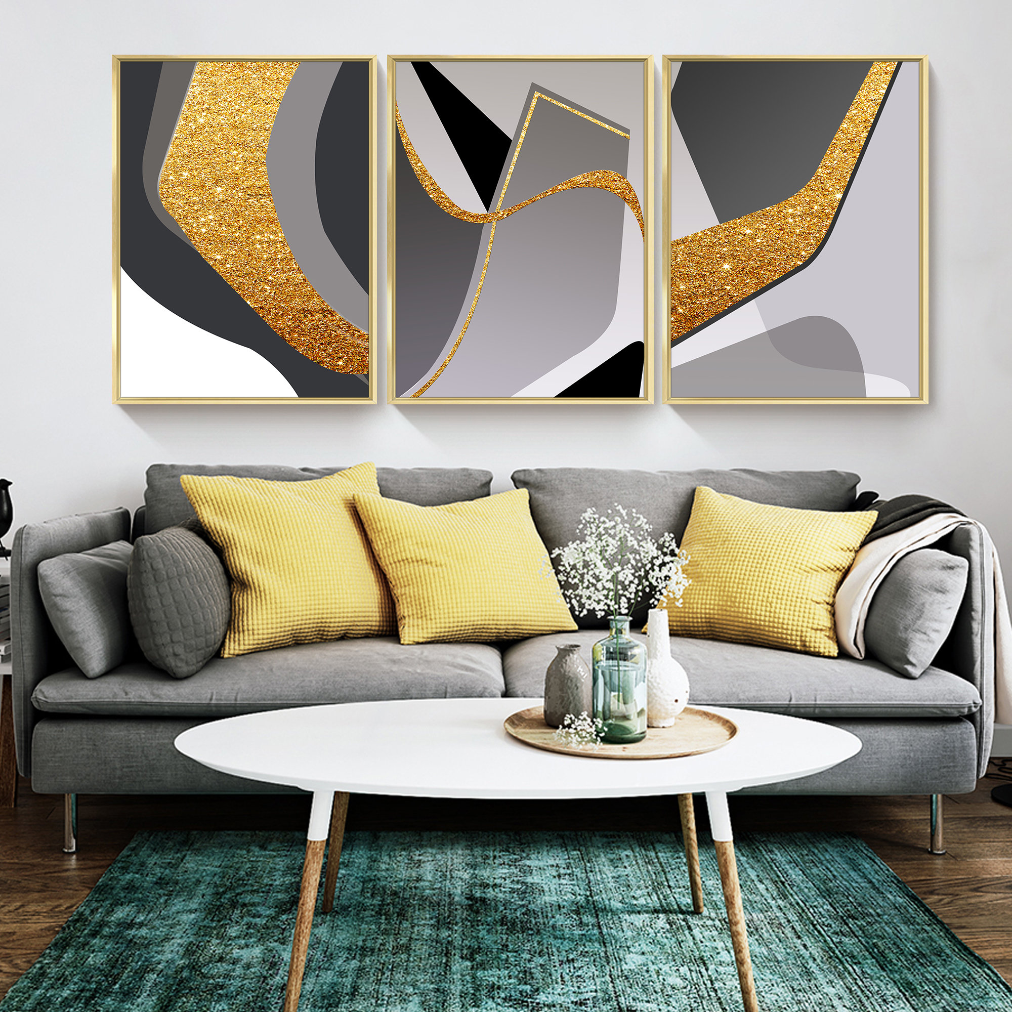 Mercer41 Abstract Framed Wall Art - 3 Piece Picture Aluminum Frame ...