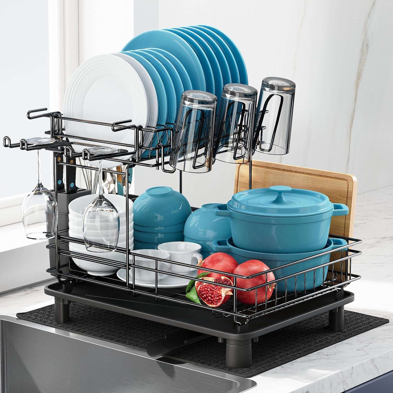 YITAHOME Stainless Steel 2-Tier Dish Drainers Racks with Utensils ...