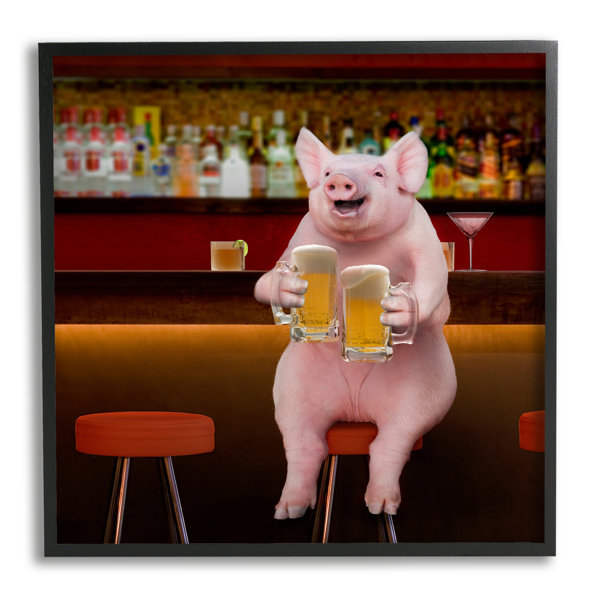 Stupell Industries Pig On Pub Bar Stool Framed On Canvas by Lund Roeser ...