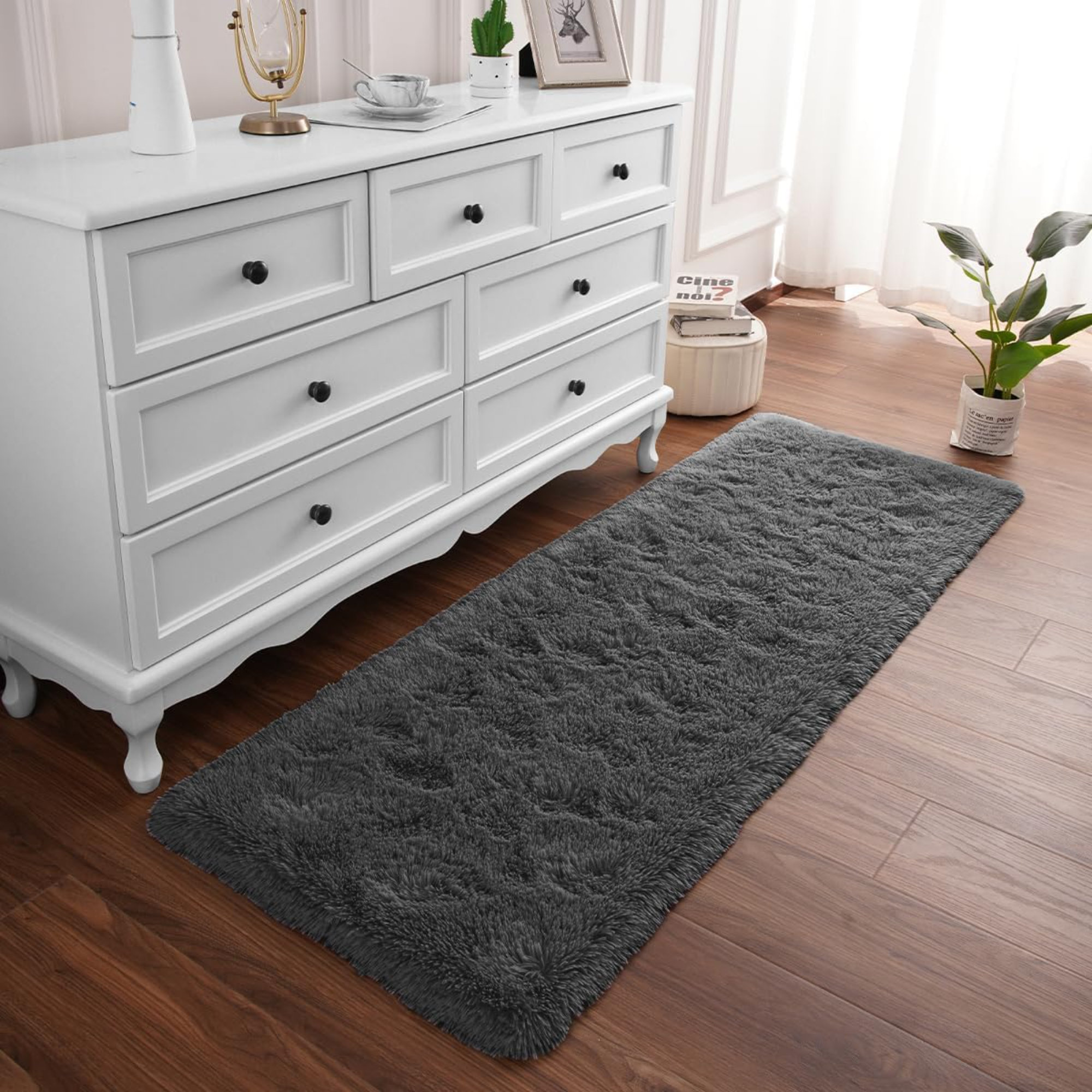 Mercer41 Fluffy Runner Rug For Bedroom 2X4 Feet, Dark Grey Shaggy Area ...