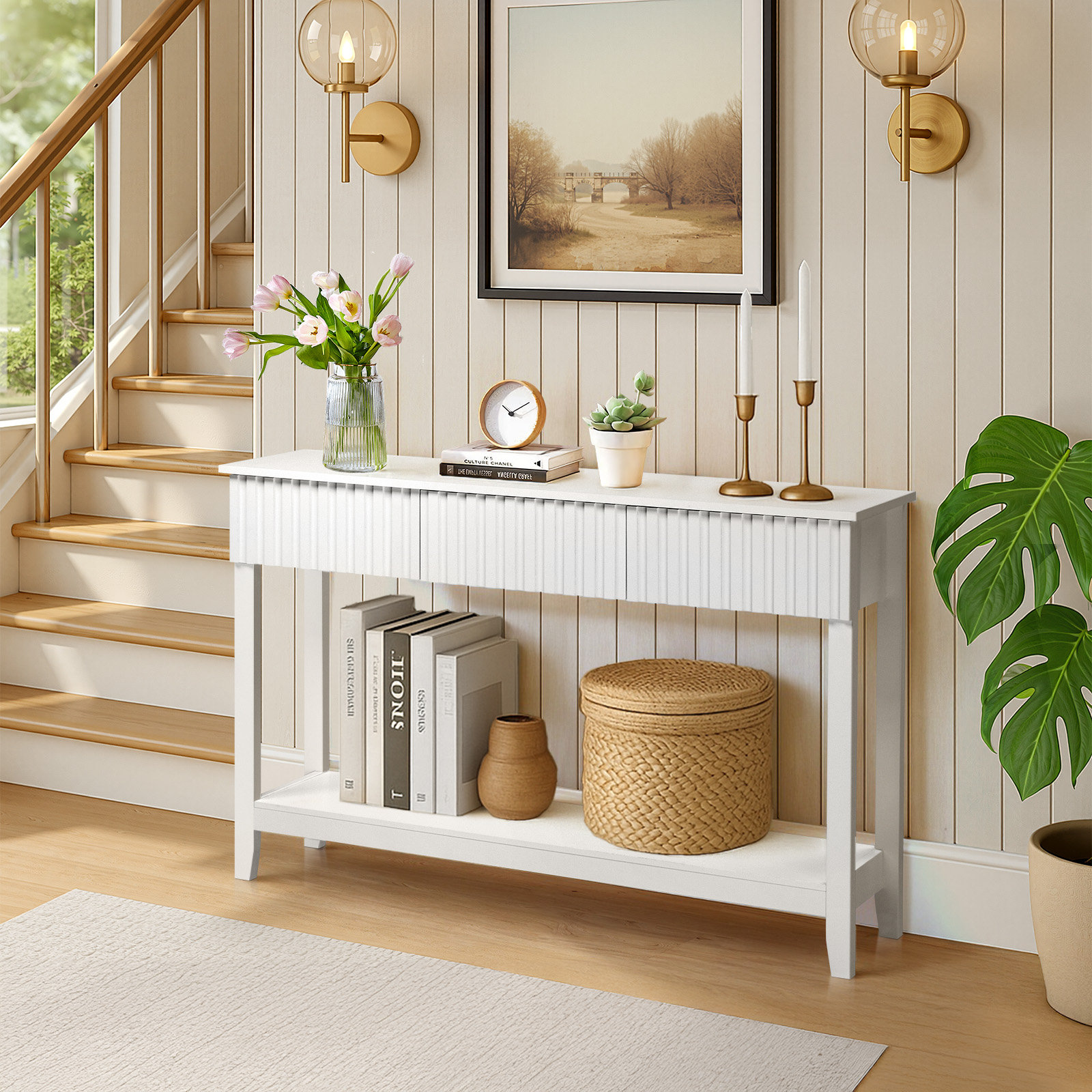 Ebern Designs 51.18in White 2-Layer 3-Draw MDF Grille Foyer Table ...