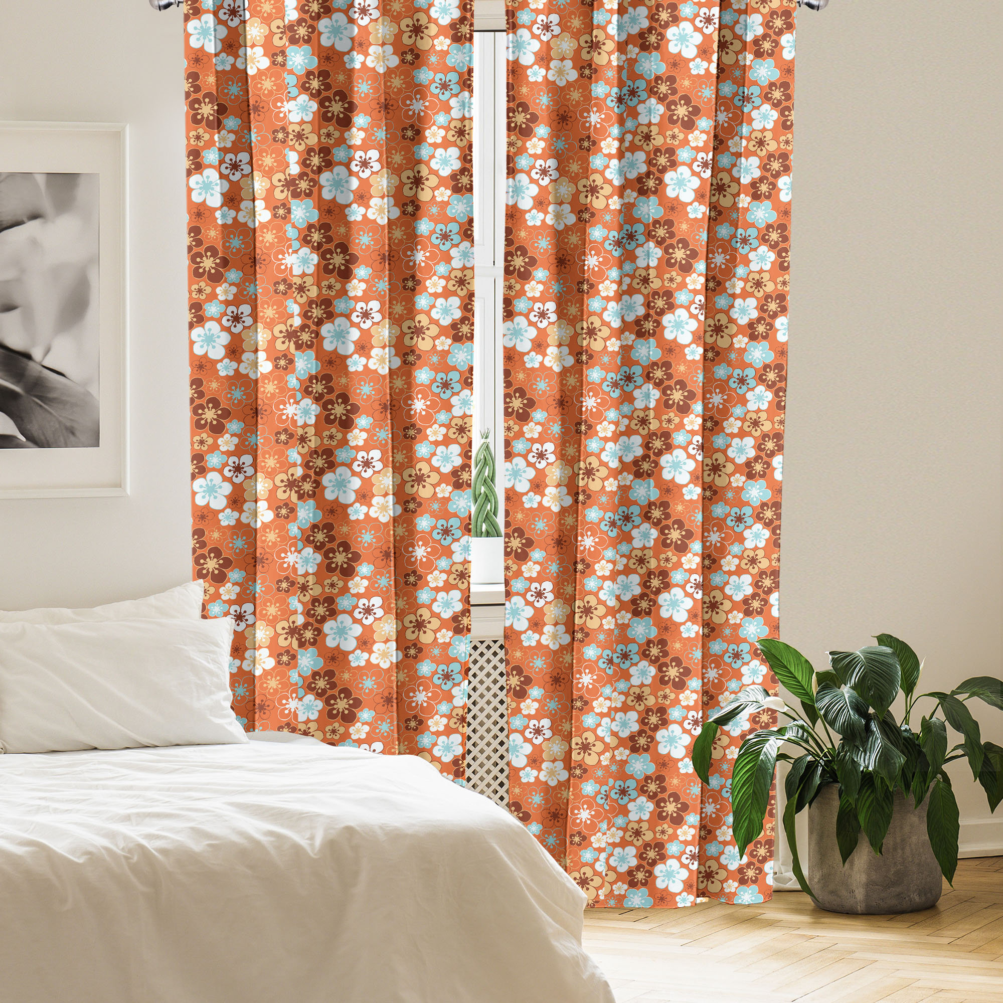 Red Barrel Studio® Orange 4-Panel Curtains, Doodle Summer Flora, Sky ...