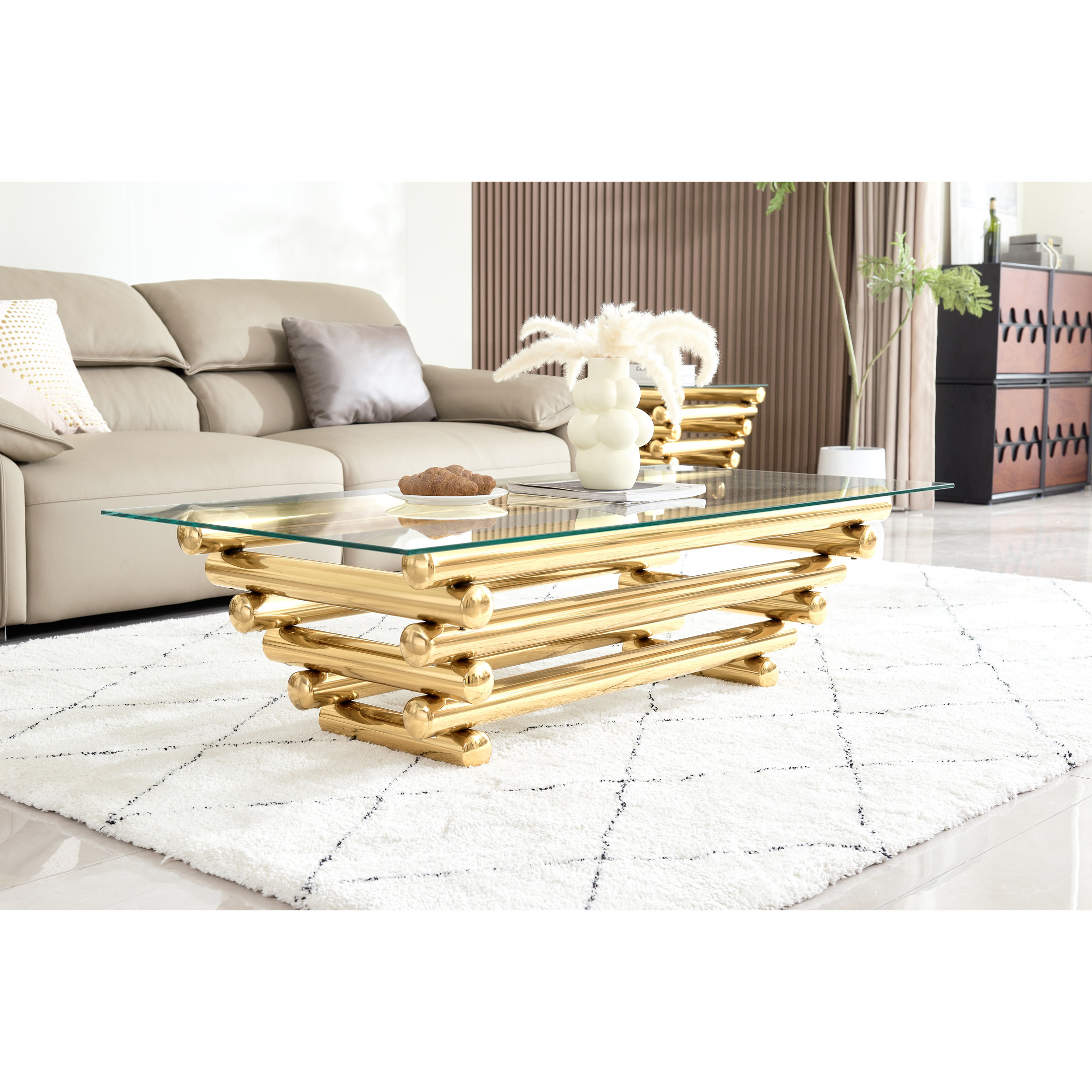 Everly Quinn 55" Rectangle Modern Stainless Steel Coffee Table, Clear ...