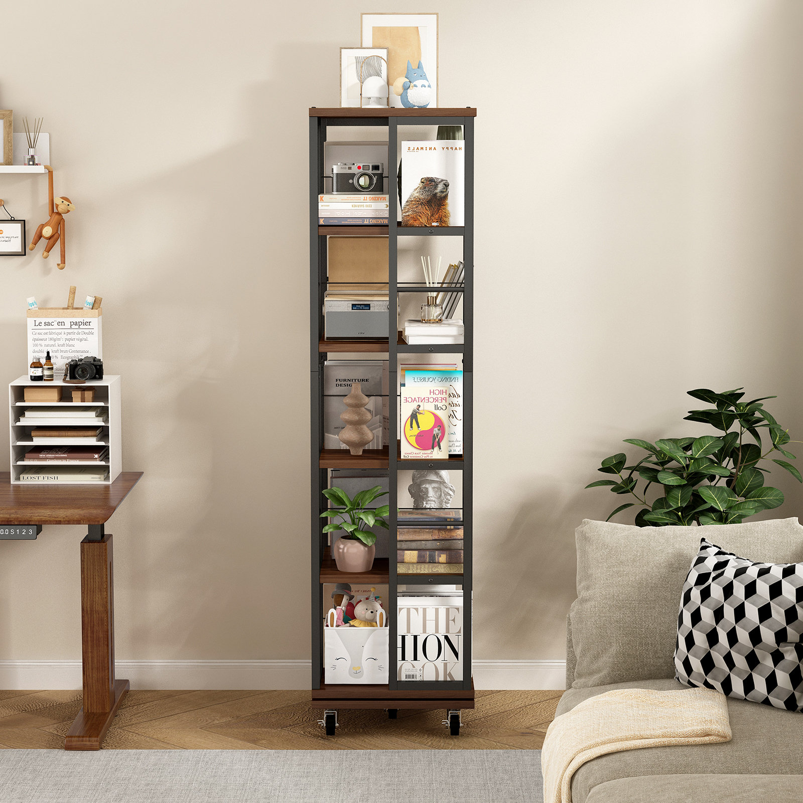 Latitude Run® 5-Tier Rotating Bookshelf in Rustic Brown, 360° Spinning ...