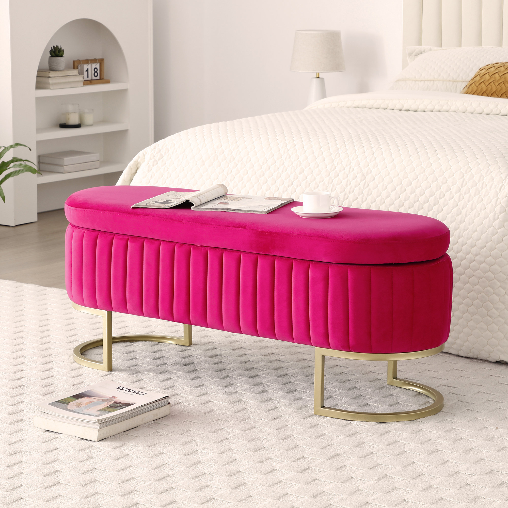 Everly Quinn Storage Bench Bedroom Bench, Velvet Oval Upholstered End ...