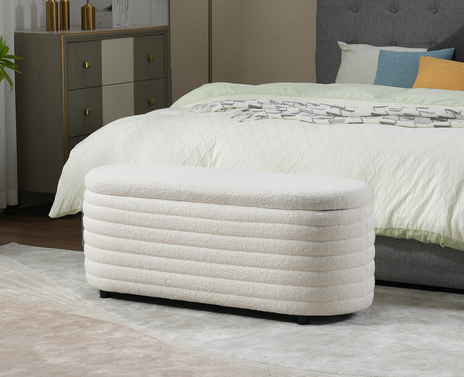 Latitude Run® Storage Ottoman White Bench Upholstered Fabric Storage ...