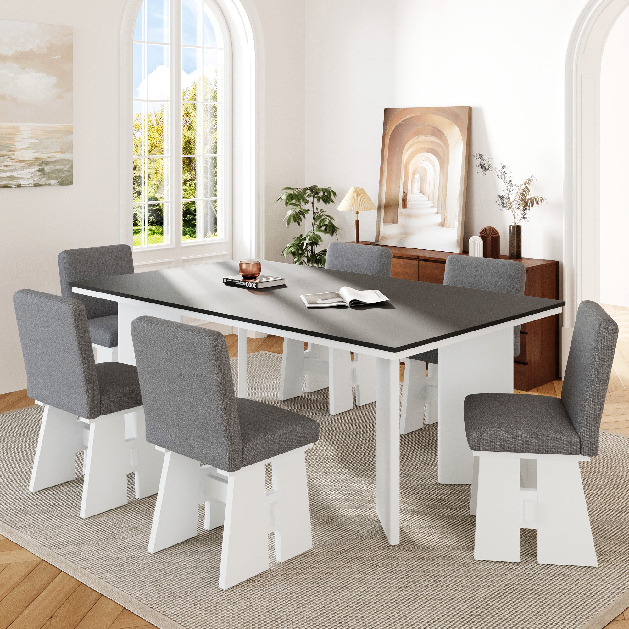 Lark Manor Modern 7-Piece Dining Table Set With 6 Upholstered Dining ...