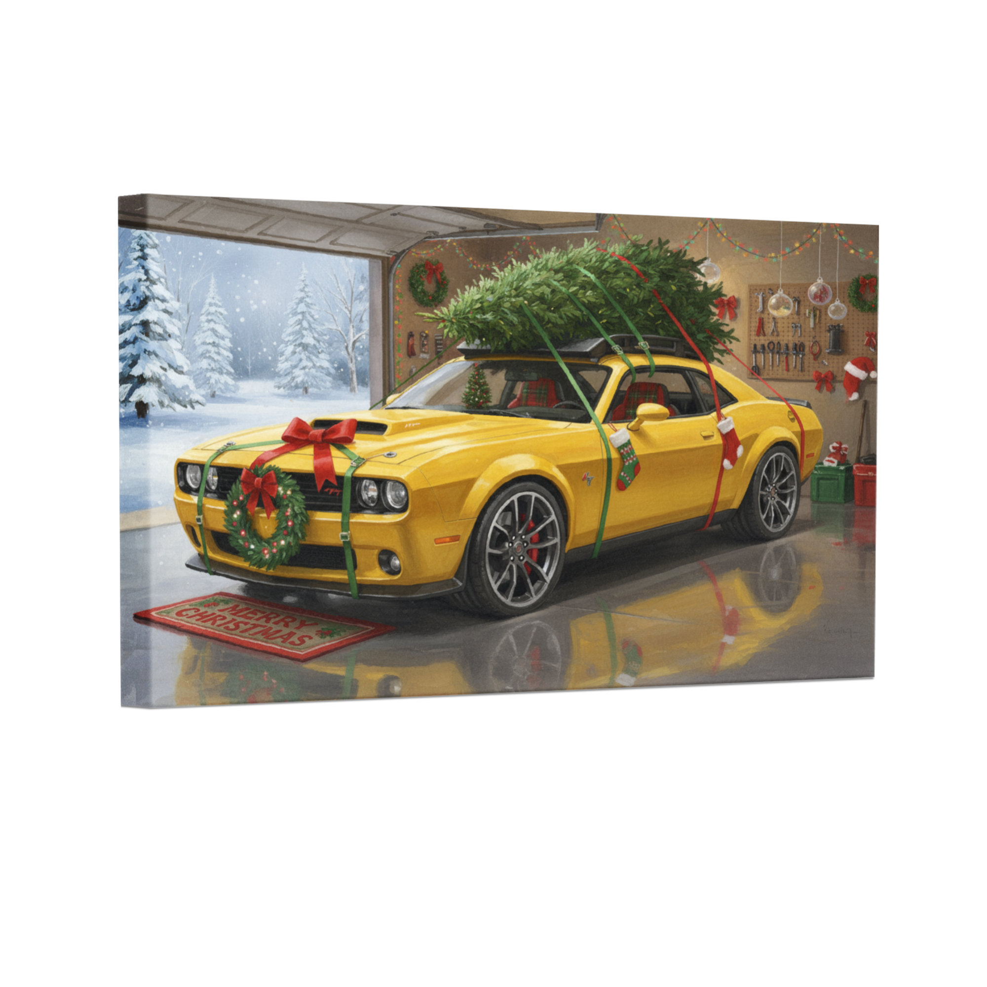 Ophelia & Co. Christmas Yellow Car Christmas Tree Garage Scene | Wayfair